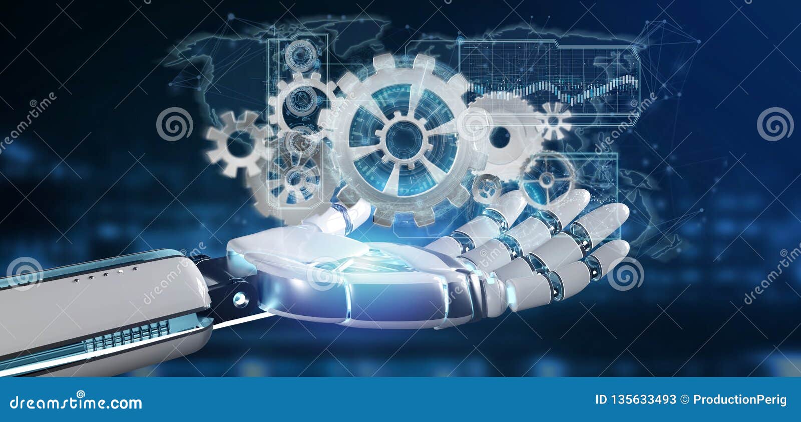 Cyborg Hand Holding a Gear Wheel Interface 3d Rendering Stock ...