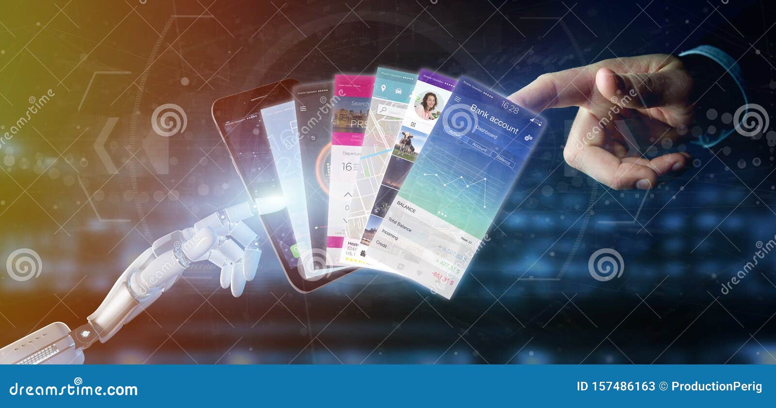 Cyborg Hand Holding Mobile Application Template on a Smartphone 3d ...