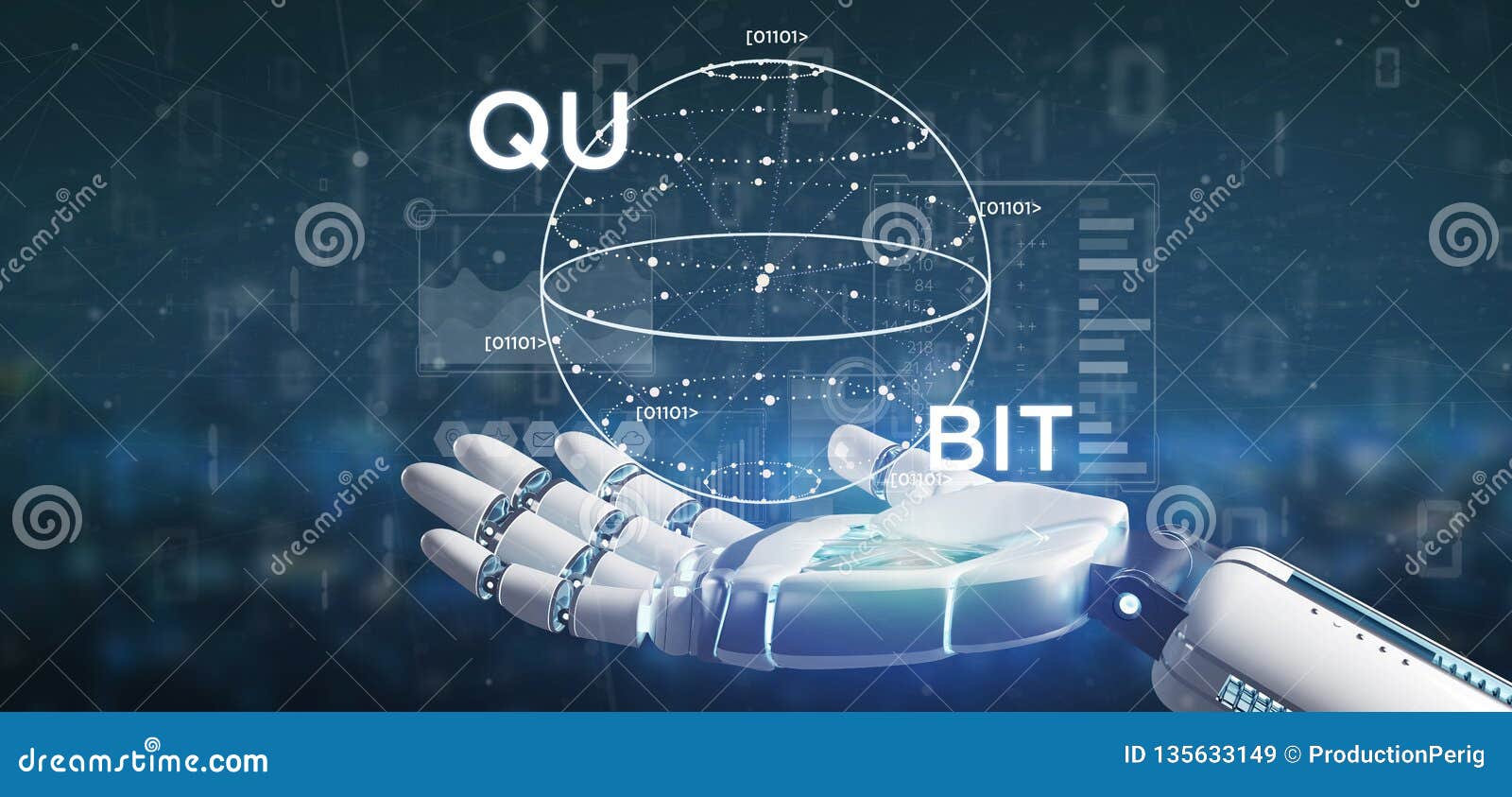 Cyborg Hand Holding Quantum Computing Concept with Qubit Icon 3d ...