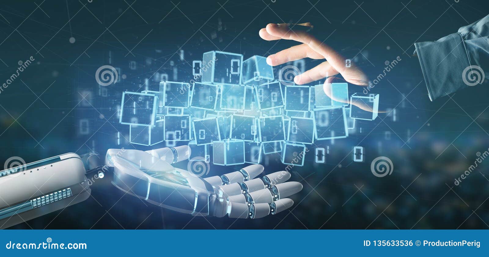 Cyborg Holding a Cloud of Blockchain Cube and Binary Data 3d Rendering Stock Photo - Image of ...