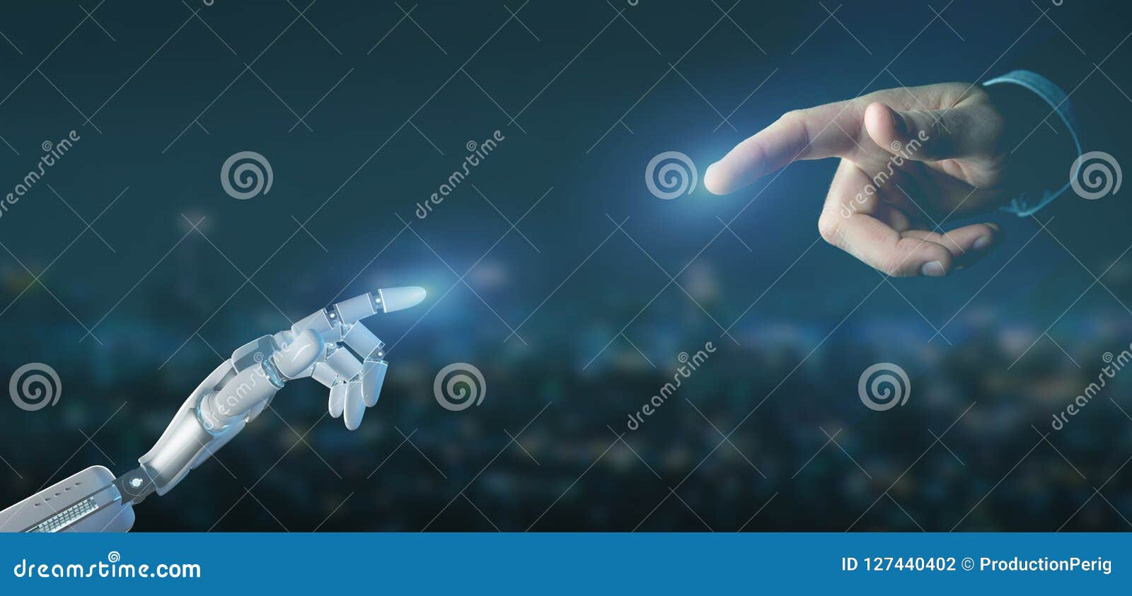 Cyborg Robot Hand On A City Background 3d Rendering Stock Illustration ...