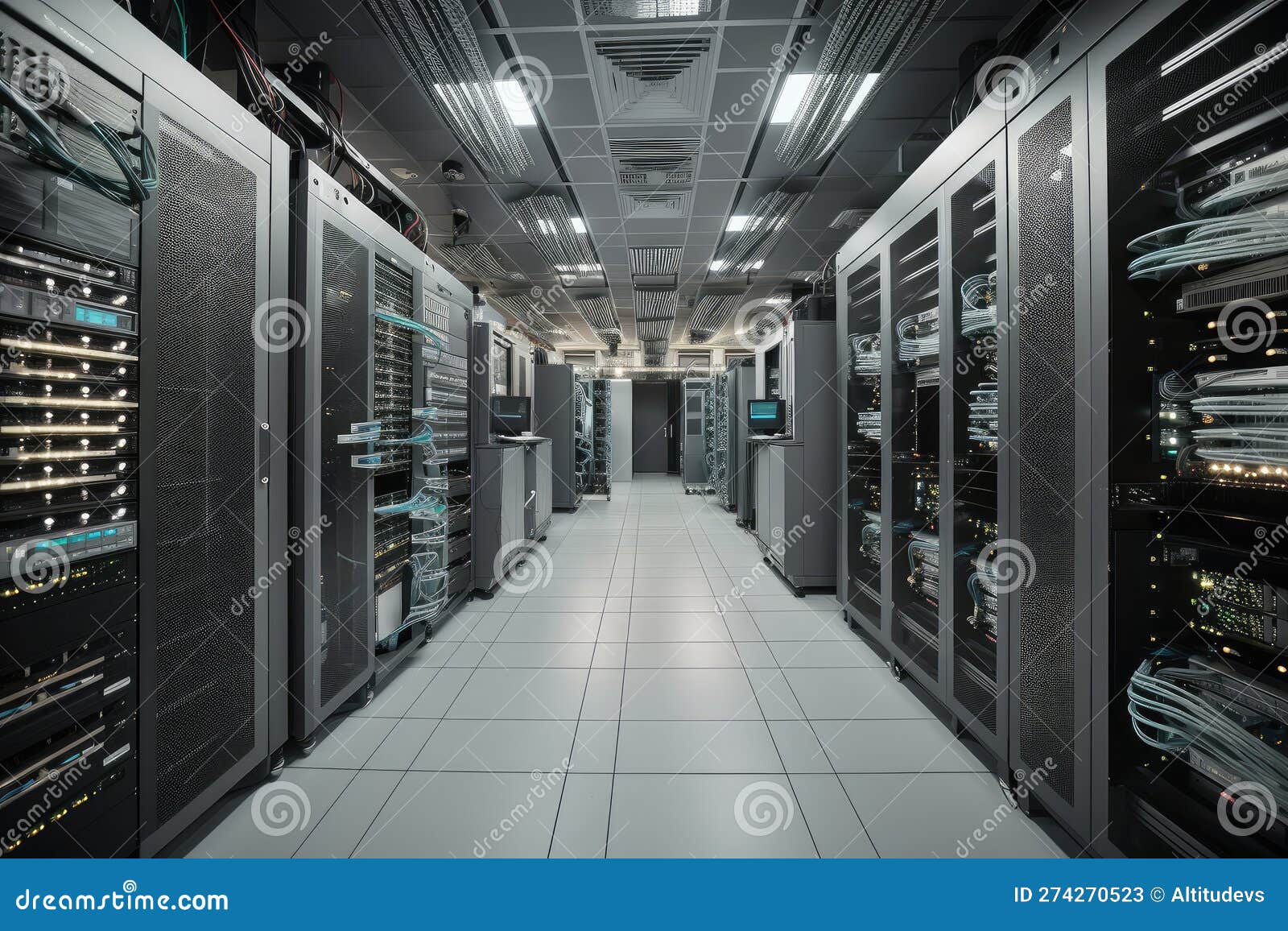 View of Data Center with Racks of Servers and Cables, Showcasing the ...