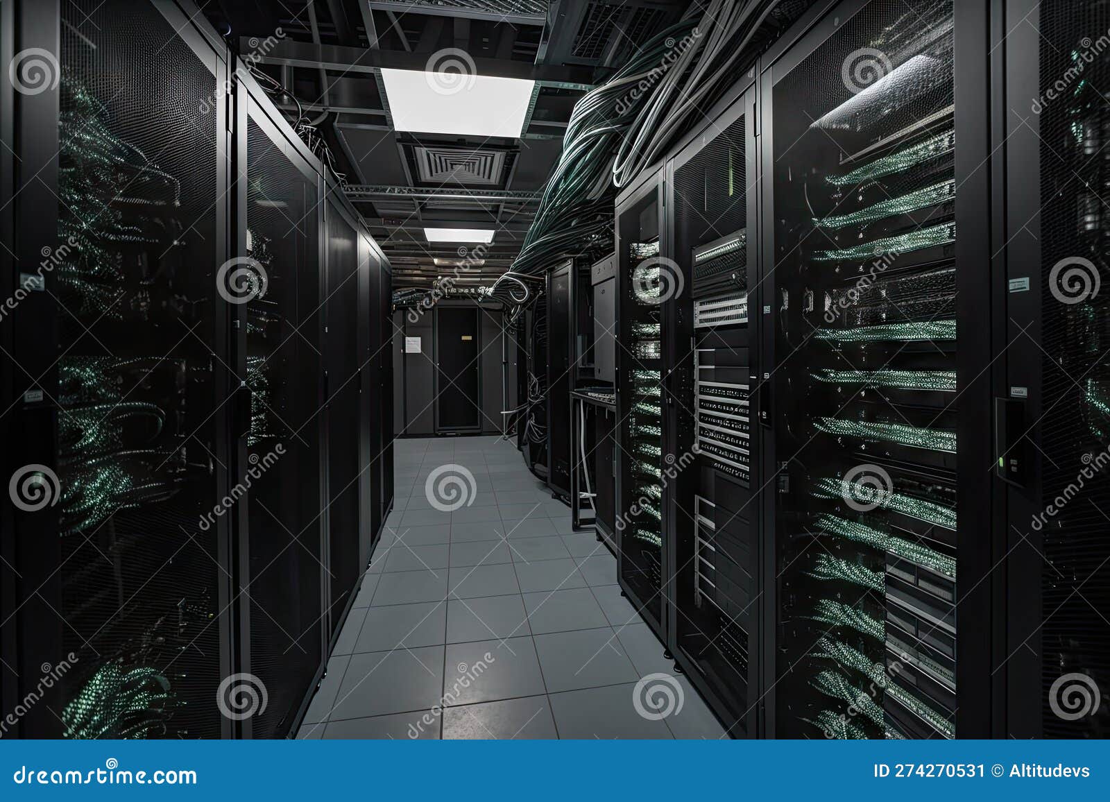 View of Data Center with Racks of Servers and Cables, Showcasing the ...