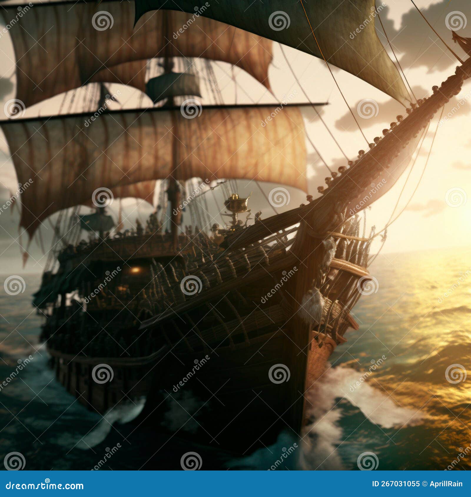 View from the Deck of a Ship with Masts and Sails Stock Illustration ...