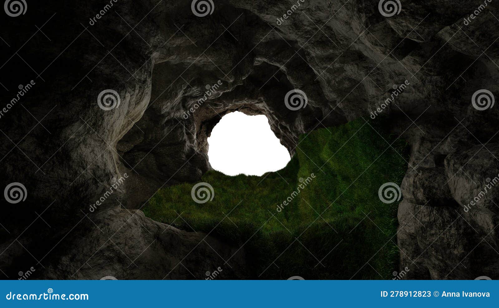 View from Deep Cave with Grass, Hole in Rocky Mountain, Sunset. 3d ...
