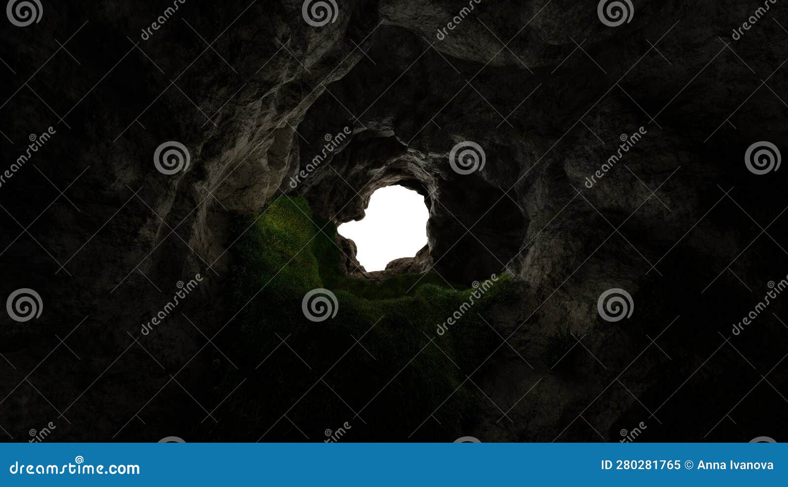View from Deep Cave with Grass, Hole in Rocky Mountain, Sunset. 3d ...