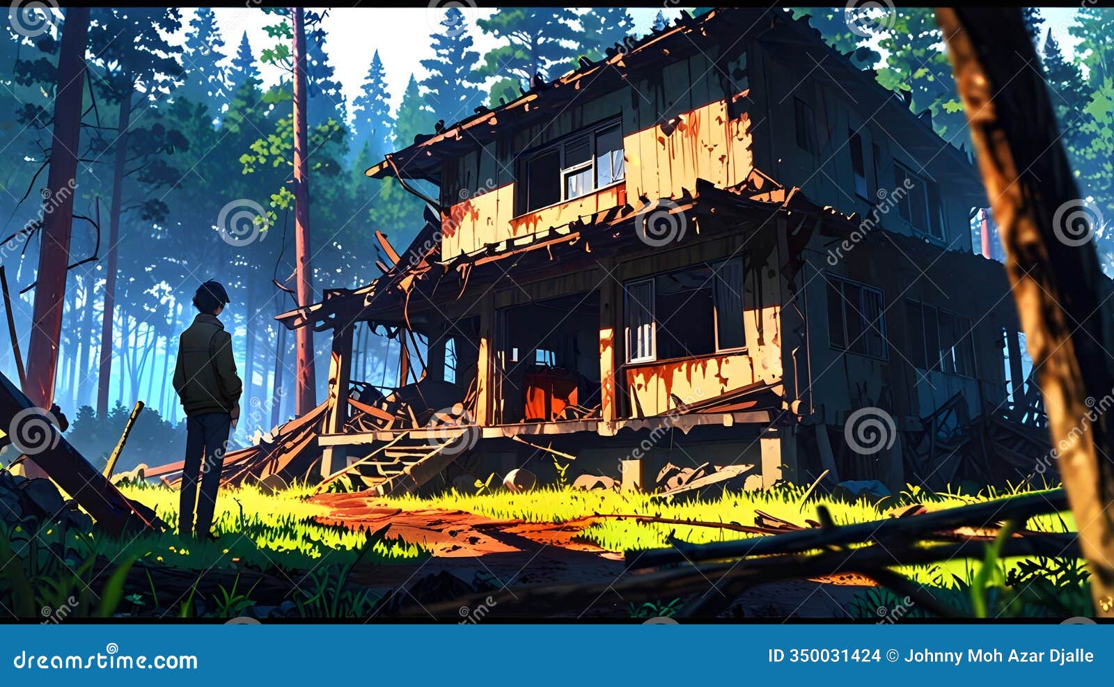 Despairing Man Standing in Front of a Burnt Down Home in a Forest Stock ...