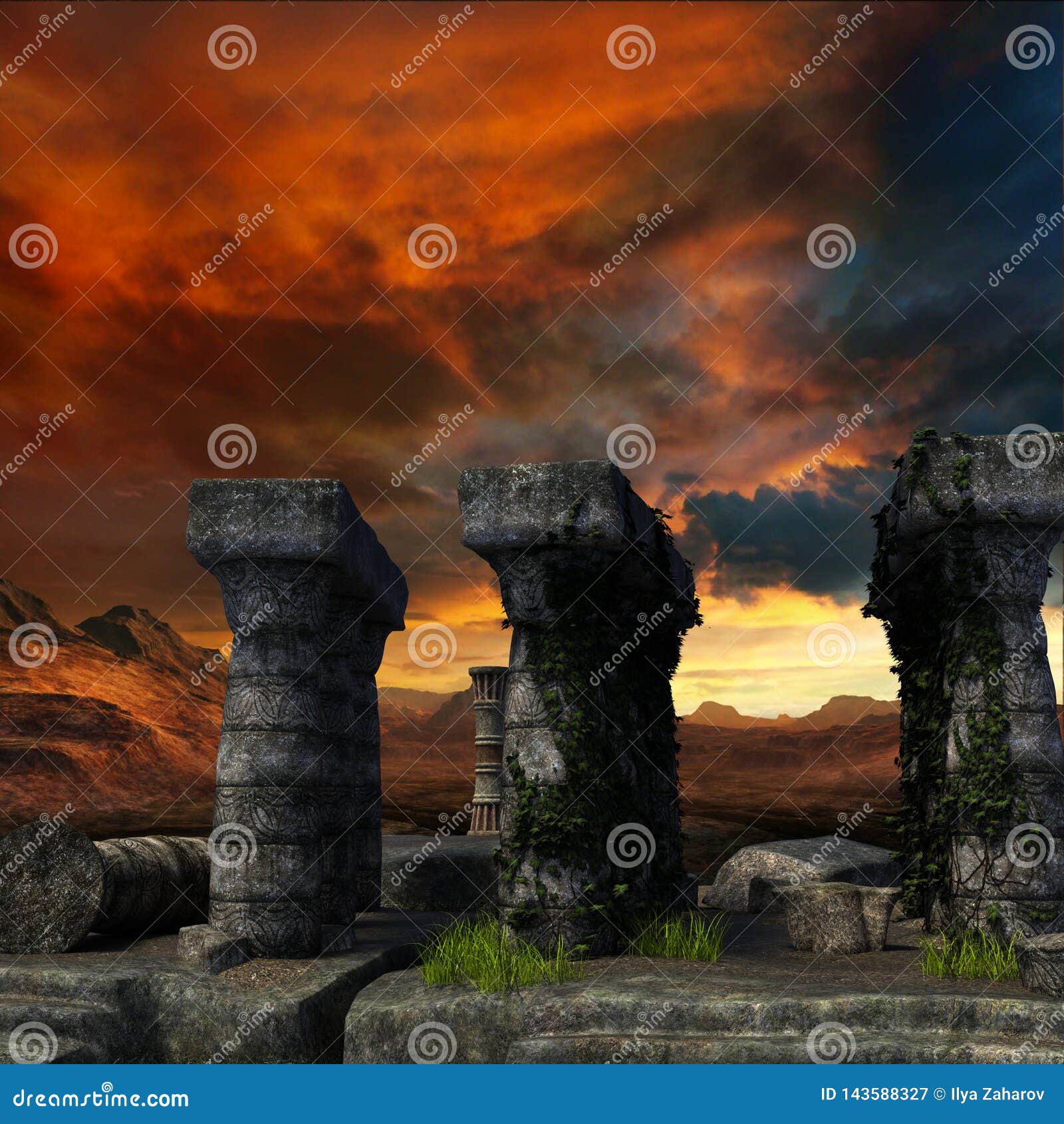 View of the Destroyed Columns of the Ancient Time Overgrown with Plants ...