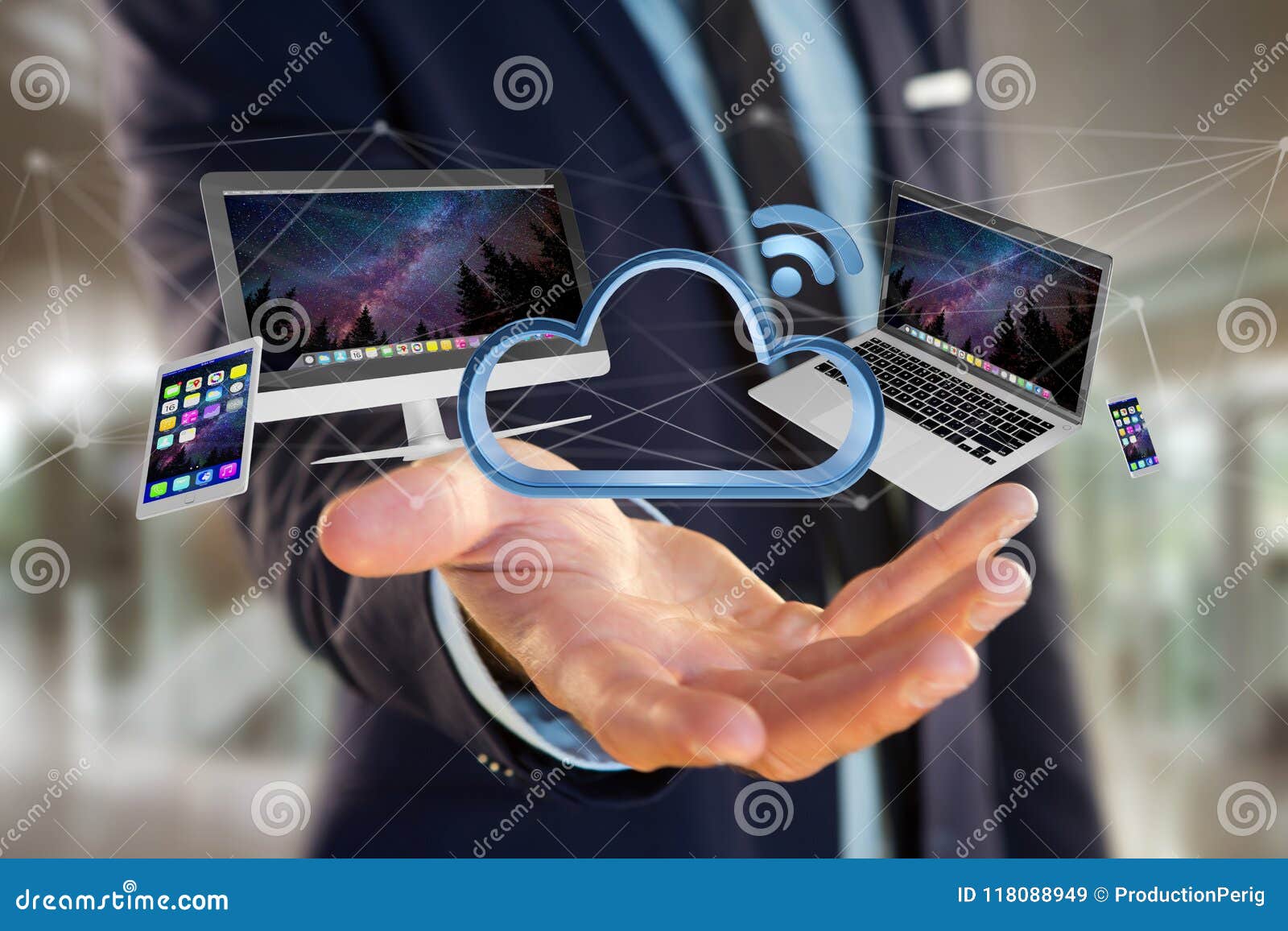 Devices Like Smartphone, Tablet or Computer Flying Over Connected Cloud ...