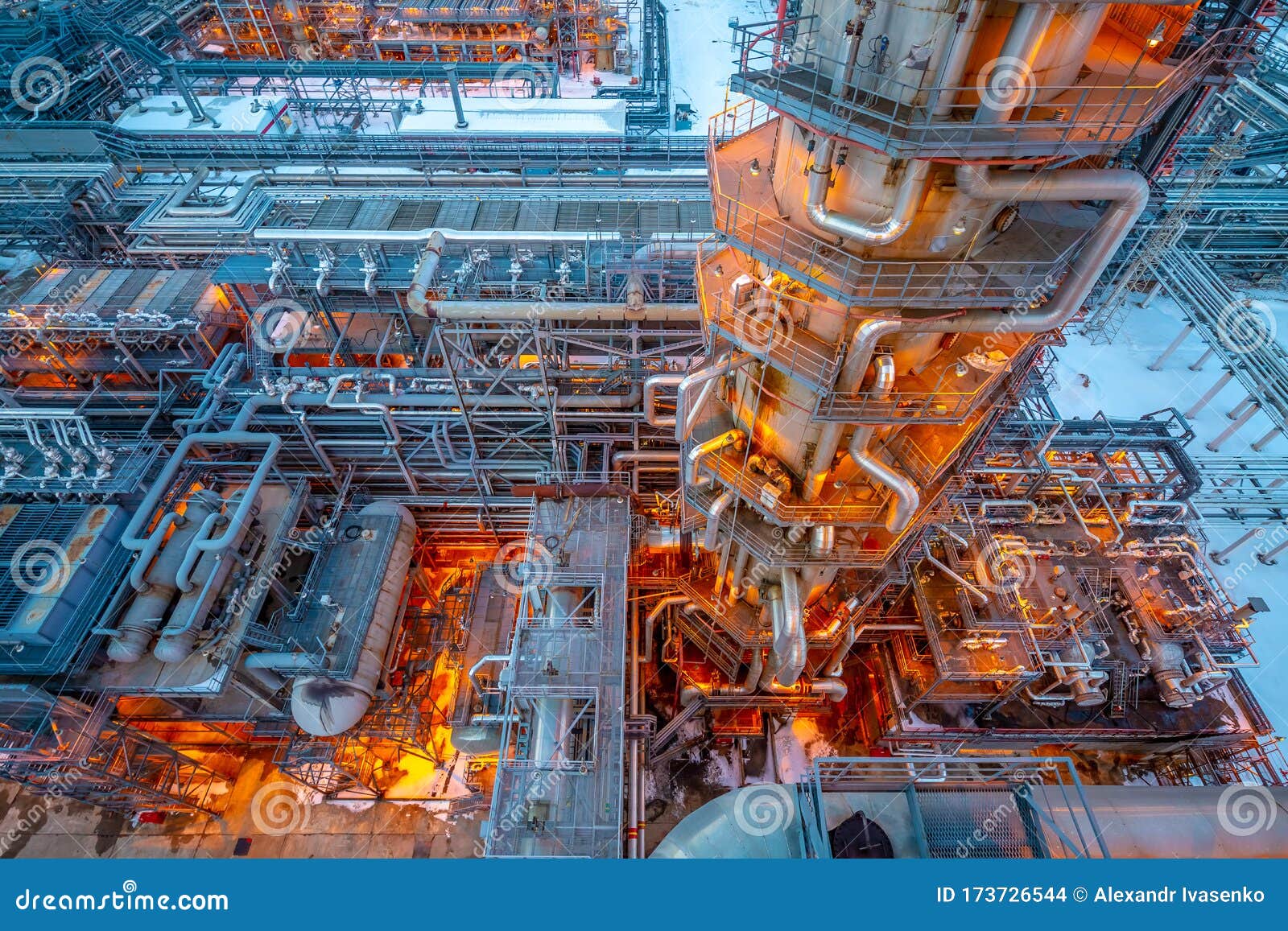 View of the Distillation Column at the Oil Refinery at Dusk Stock Photo ...