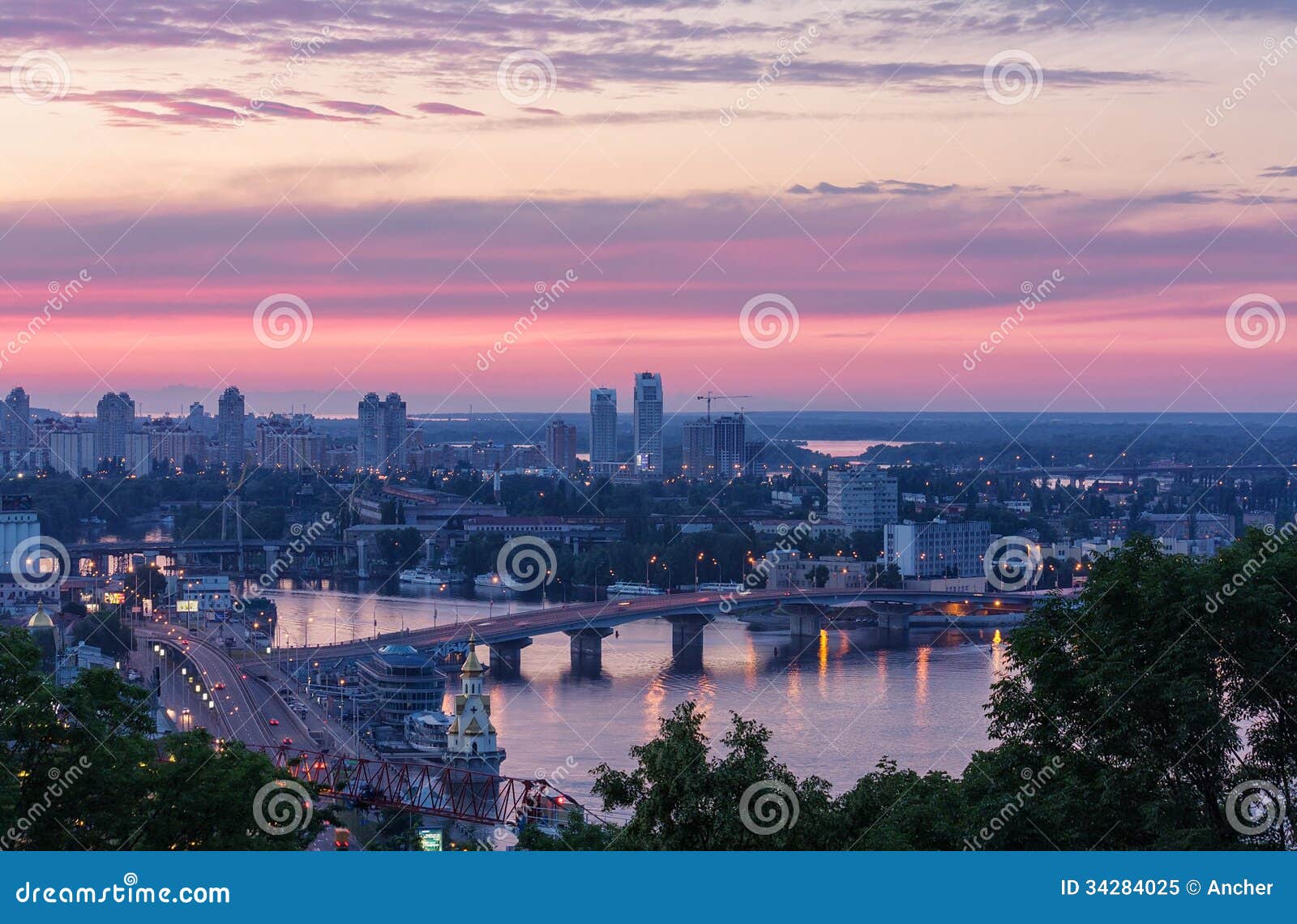 The View of the Dnieper River and Bridge in Kyiv at Sunset Stock Image ...