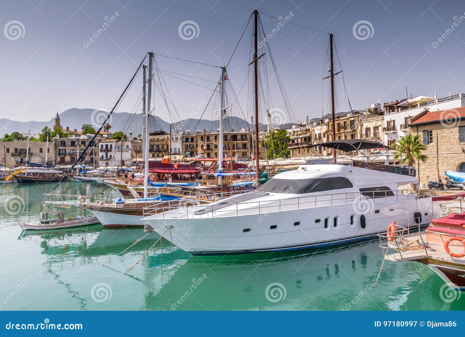 View of docked boats stock image. Image of motor, background - 97180997
