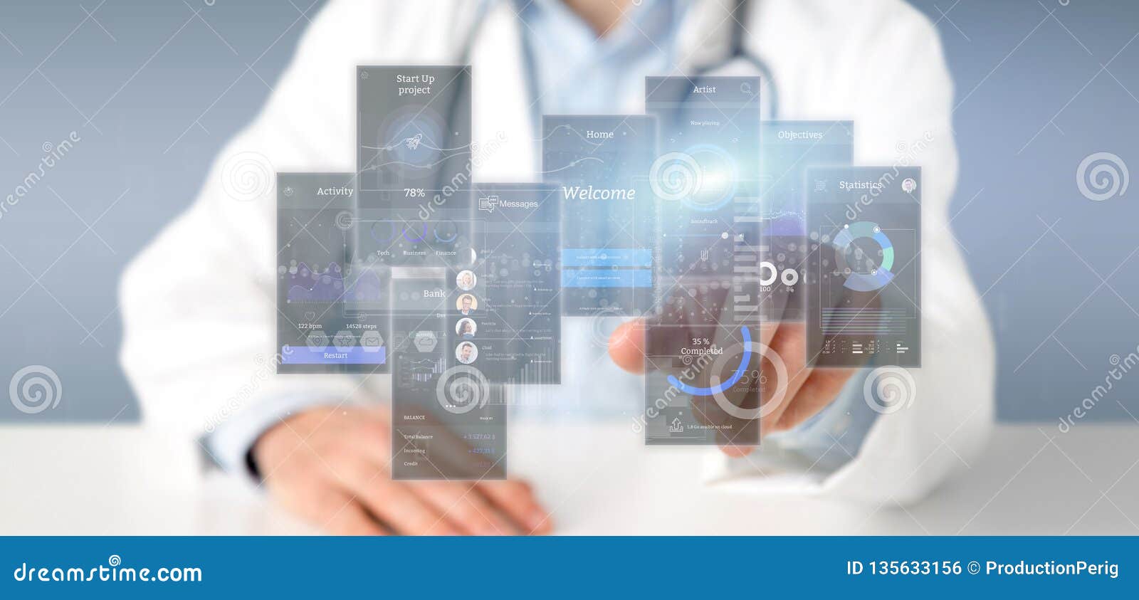 Doctor Holding User Interface Screens with Icon, Stats and Data 3d ...