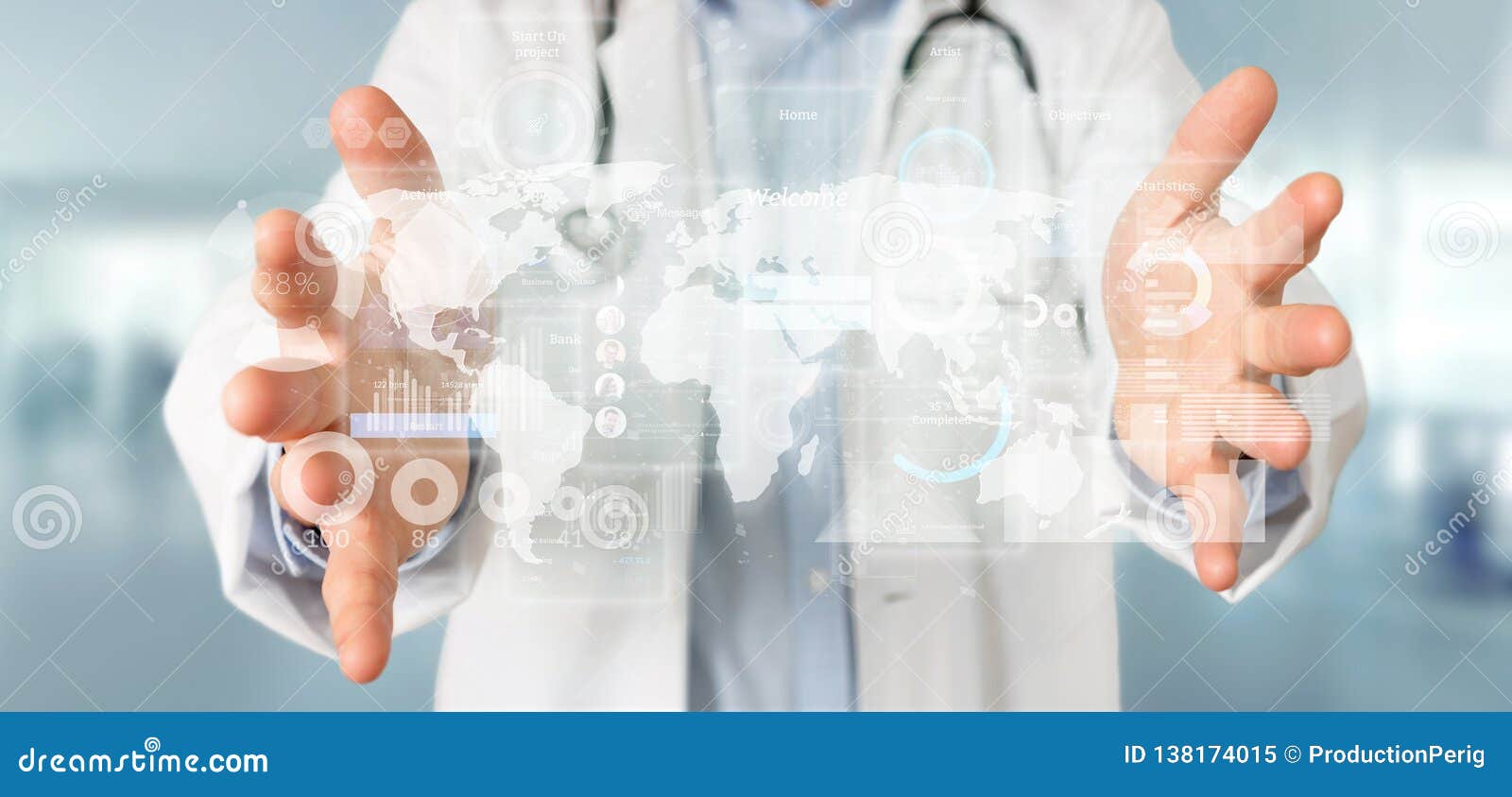 Doctor Holding User Interface Screens with Icon, Stats and Data 3d ...