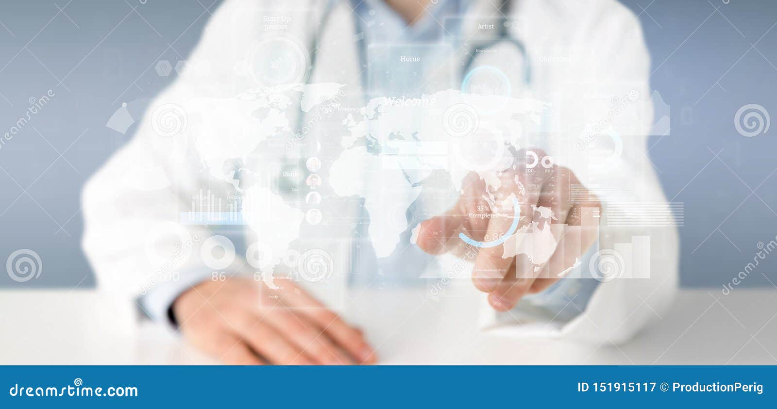 Doctor Holding User Interface Screens with Icon, Stats and Data 3d ...