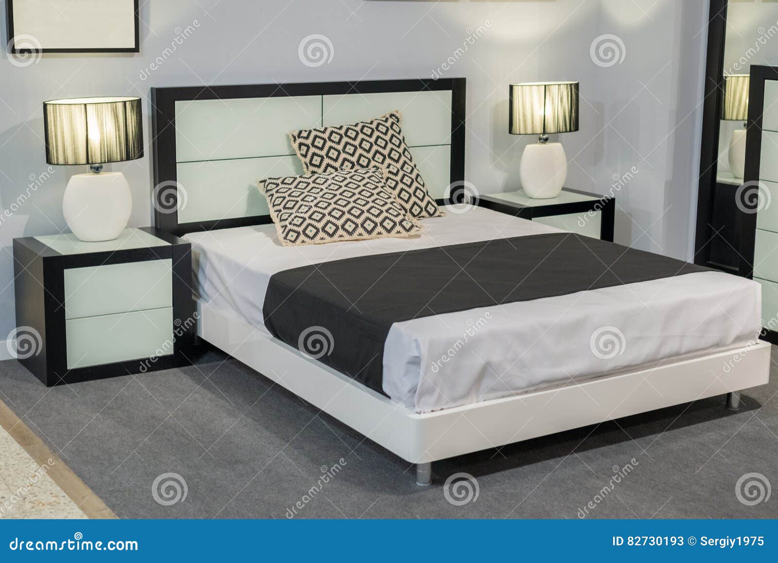 View of the Double Bed in the Bedroom Stock Image - Image of interior ...