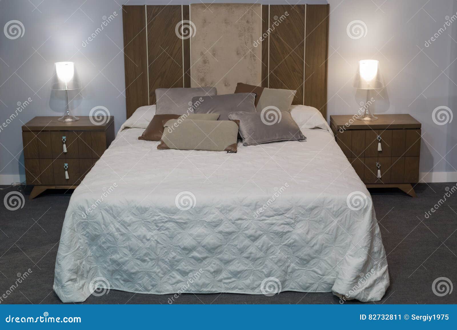 View of the Double Bed in the Bedroom Stock Image - Image of decor ...