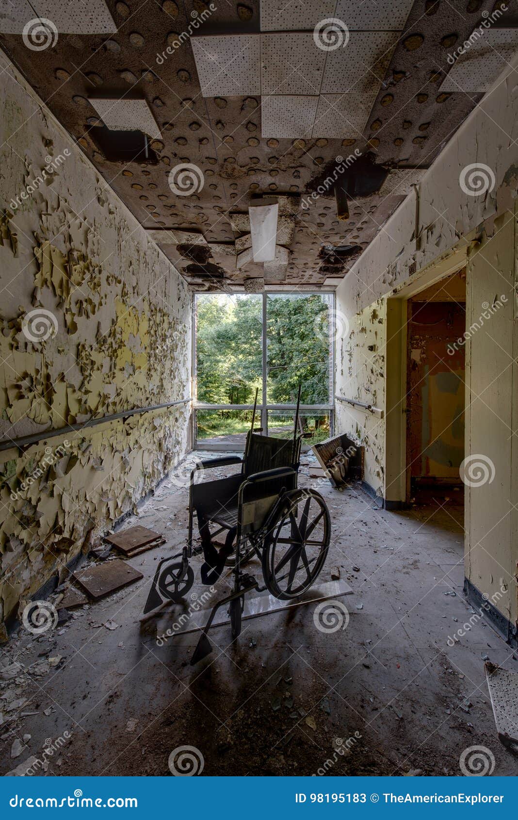 Desolate, Deteriorated Hallway with Wheelchair - Abandoned Hospital ...