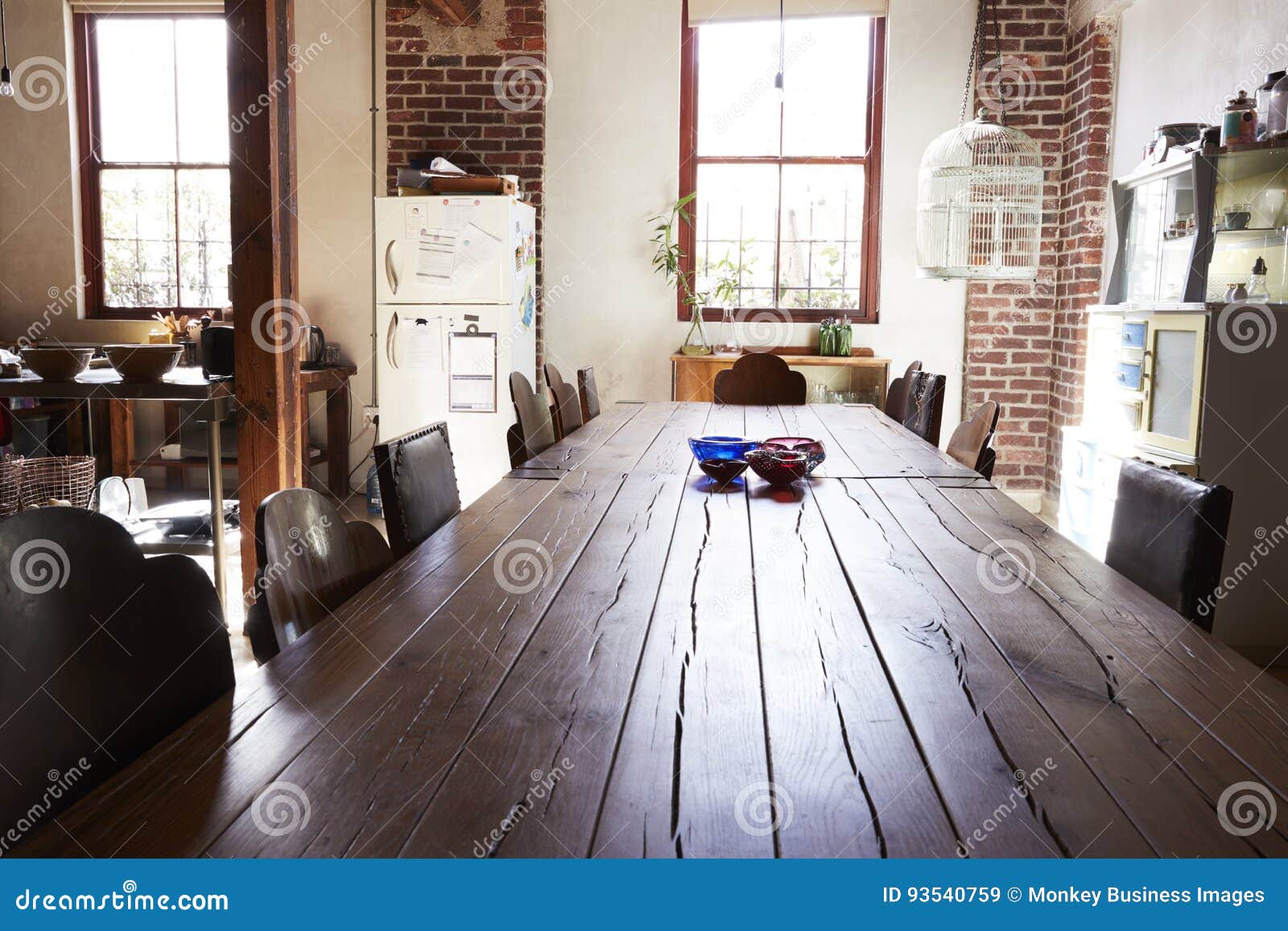 View Down Dining Table Top in a Loft Kitchen Dining Room Stock Image ...