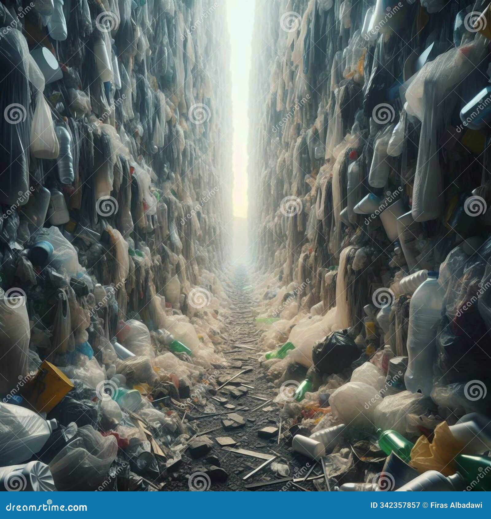 A View Down a Narrow Pathway between Two Walls of Plastic Waste ...