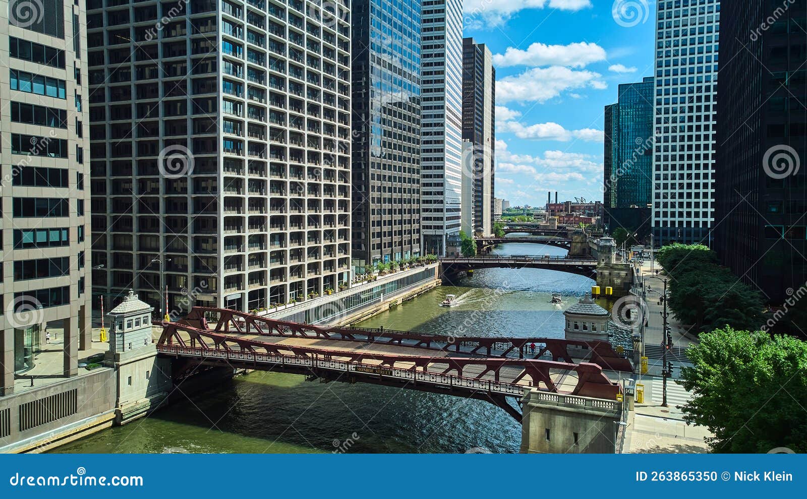 View Down Row of Bridges through the Chicago Ship Canal Surrounded by ...