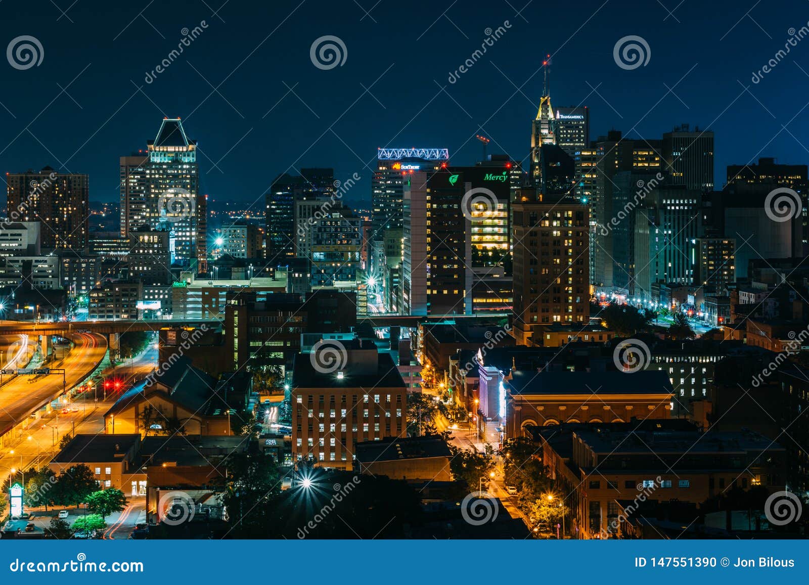 View of the Downtown Baltimore Skyline at Night, in Baltimore, Maryland ...