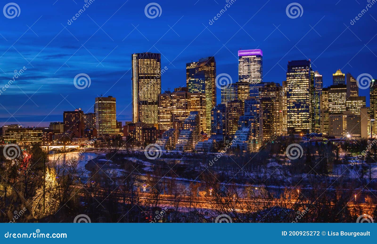 Downtown Calgary Illuminated at Night Stock Photo - Image of cityscape ...