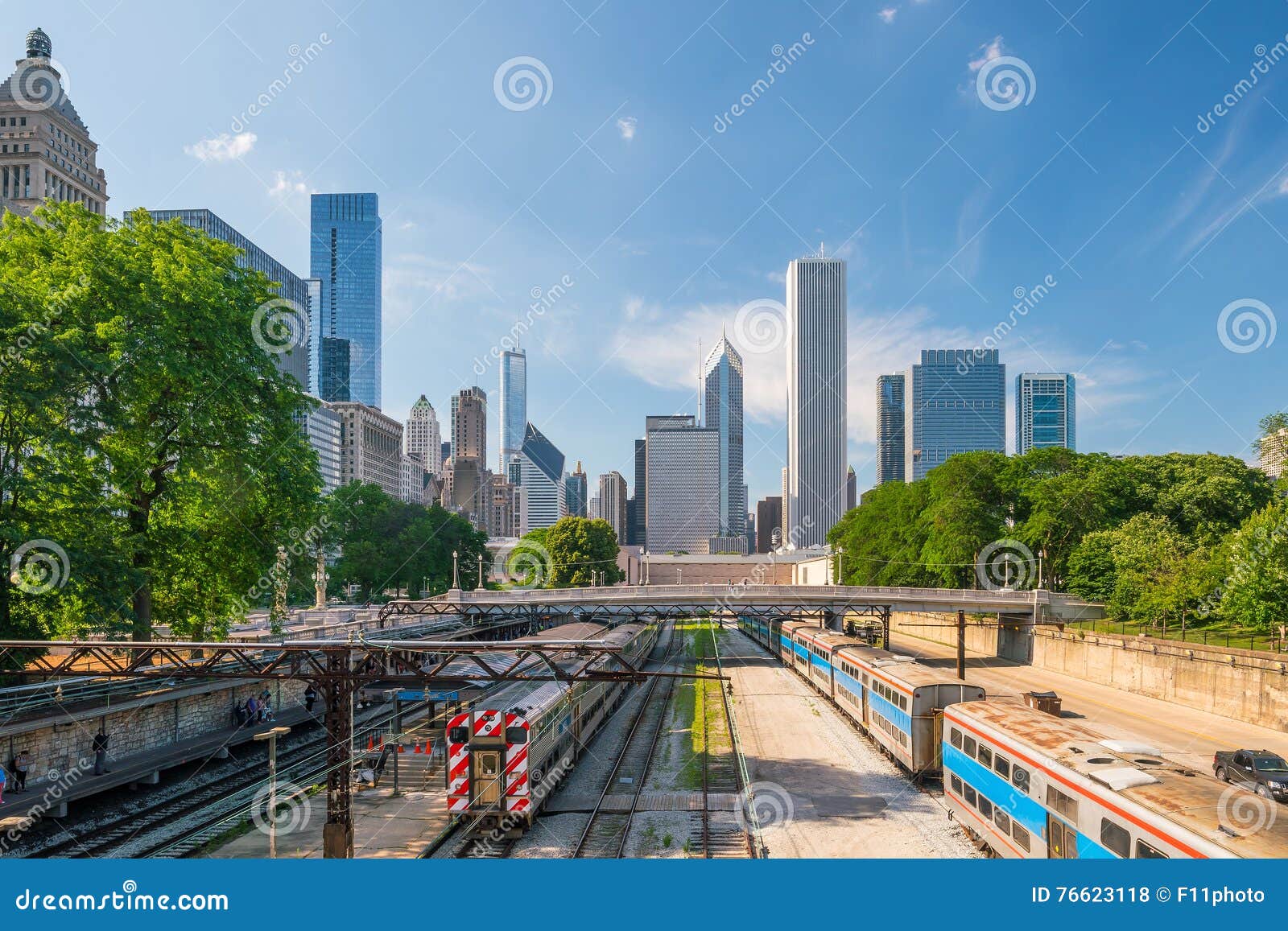 View of Downtown Chicago and Train Station Stock Photo - Image of ...