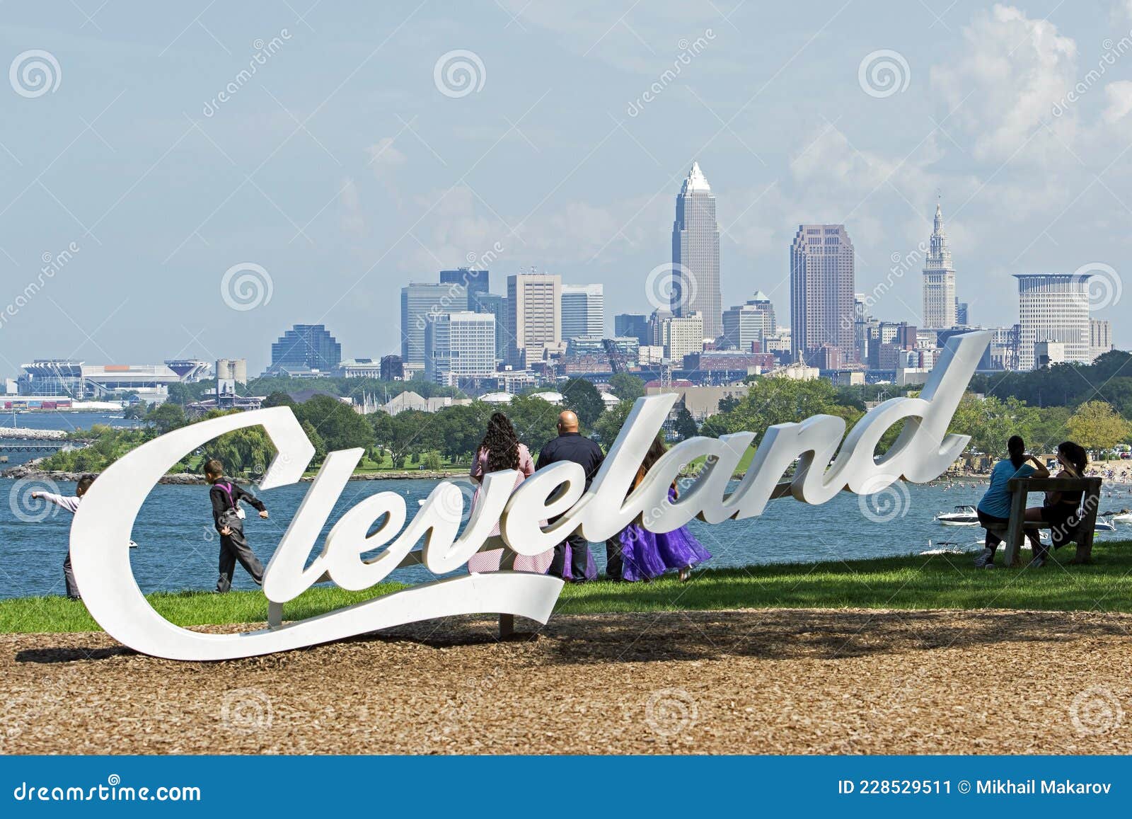 View of Downtown Cleveland and Cleveland Script Sign at Edgewater Park ...
