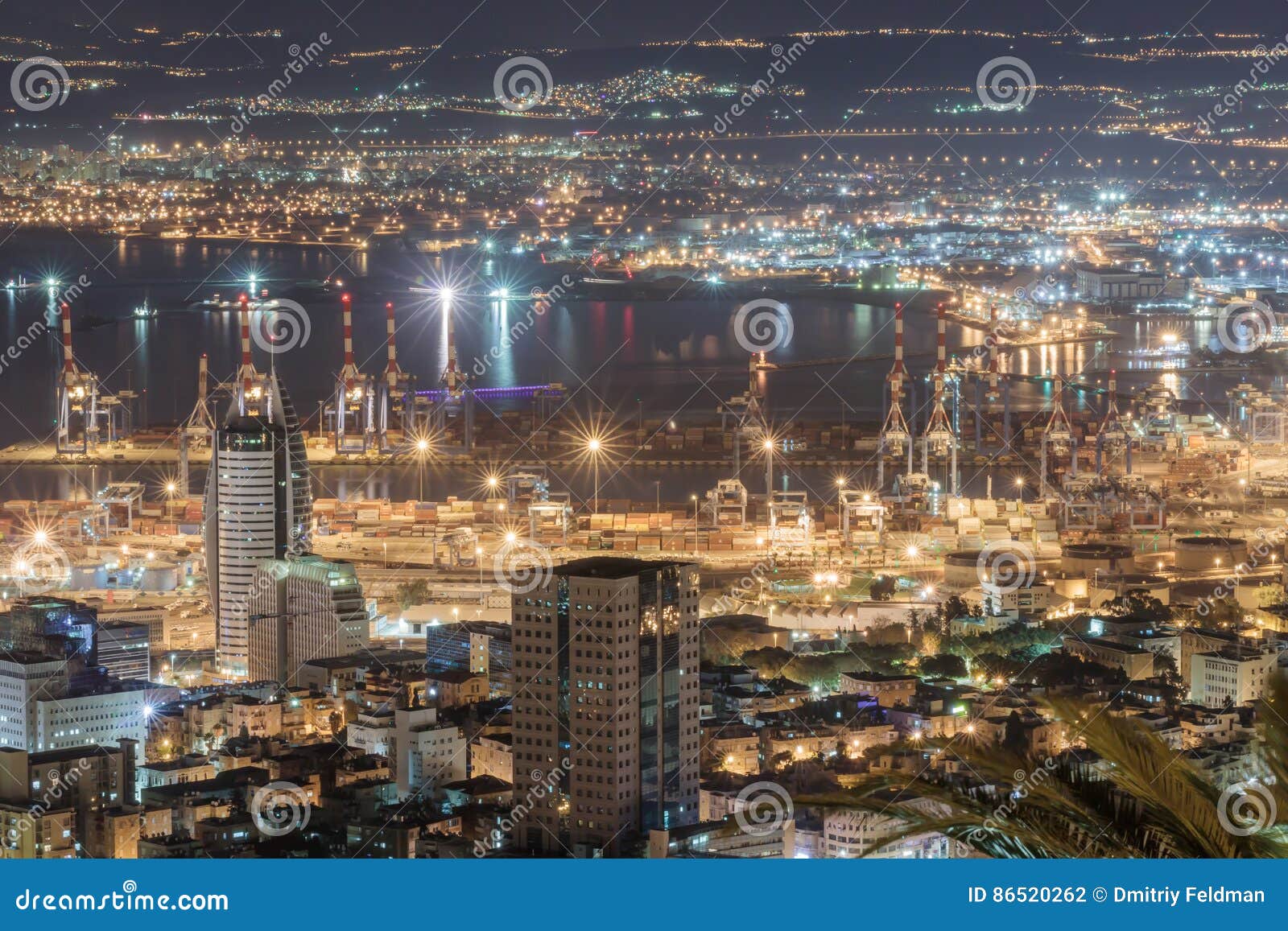 View of Downtown Haifa, Haifa Harbor and Bay at Night Stock Photo ...