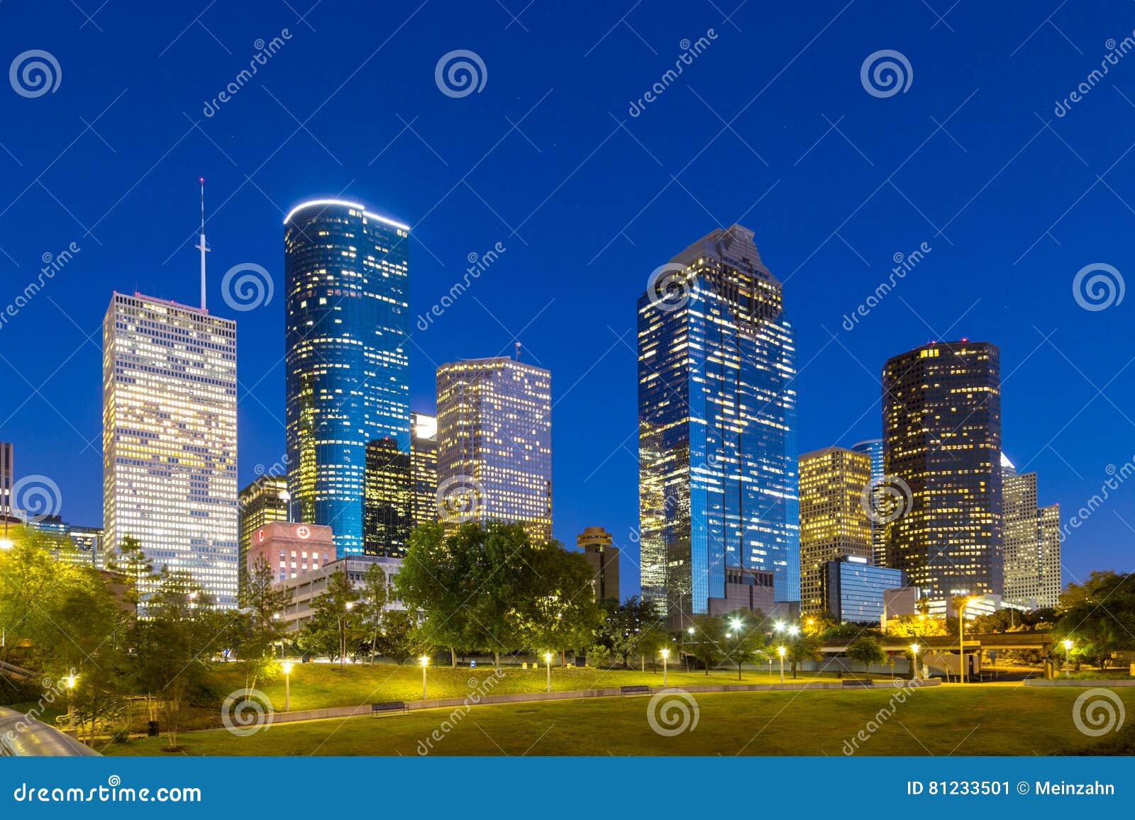 View on Downtown Houston by Night Stock Image - Image of financial ...