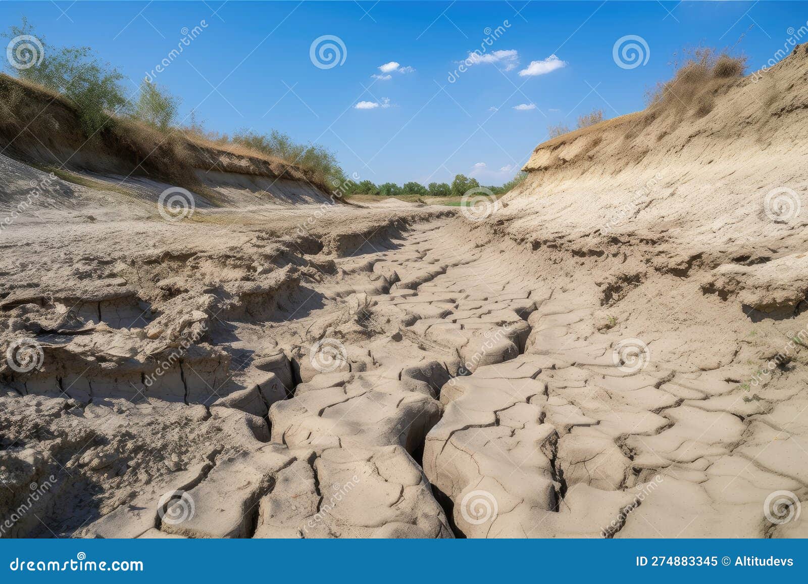 View of Dried-up Riverbed with Cracked Earth and Blue Sky Stock Image ...