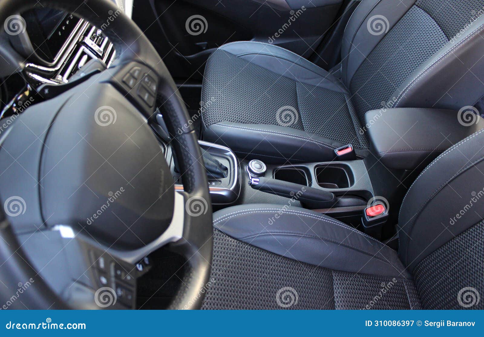 View from Driver Eyes on Steering Wheel and Empty Front Seats Inside a ...
