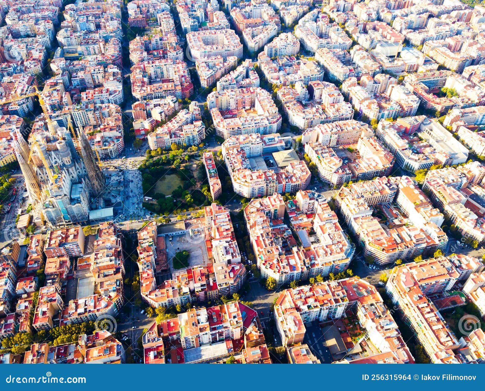 View from Drone of Eixample District with Sagrada Familia Stock Photo ...