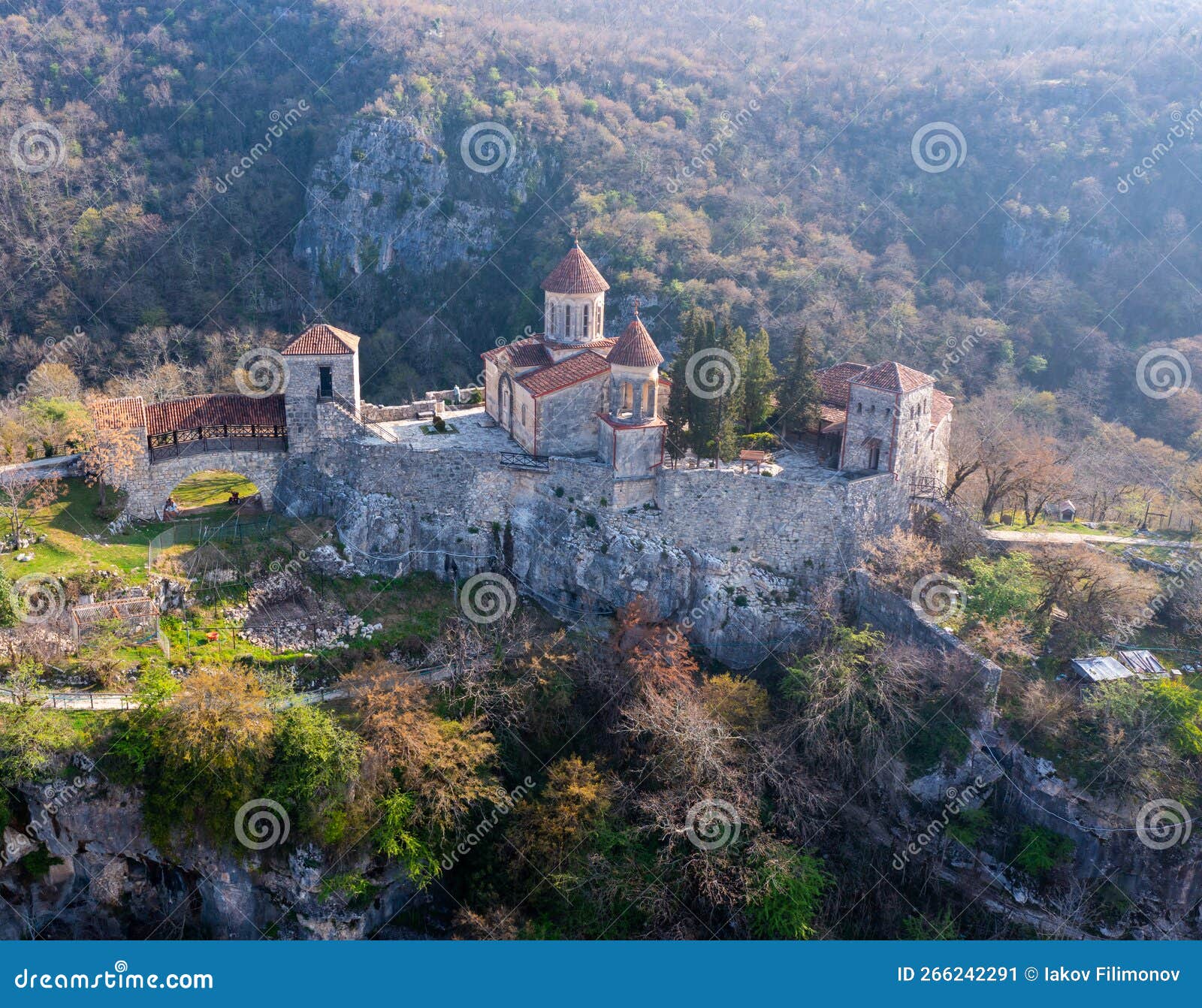 View from Drone of Motsameta Monastery Complex on Rock, Georgia Stock ...