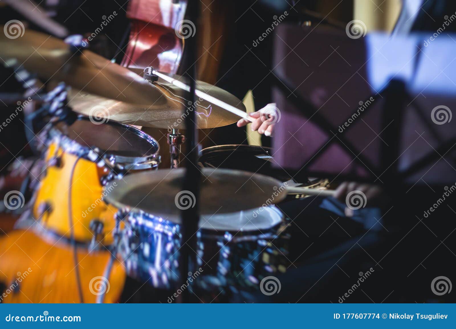 View of Drum Set Kit on a Stage during Jazz Rock Show Performance, with ...