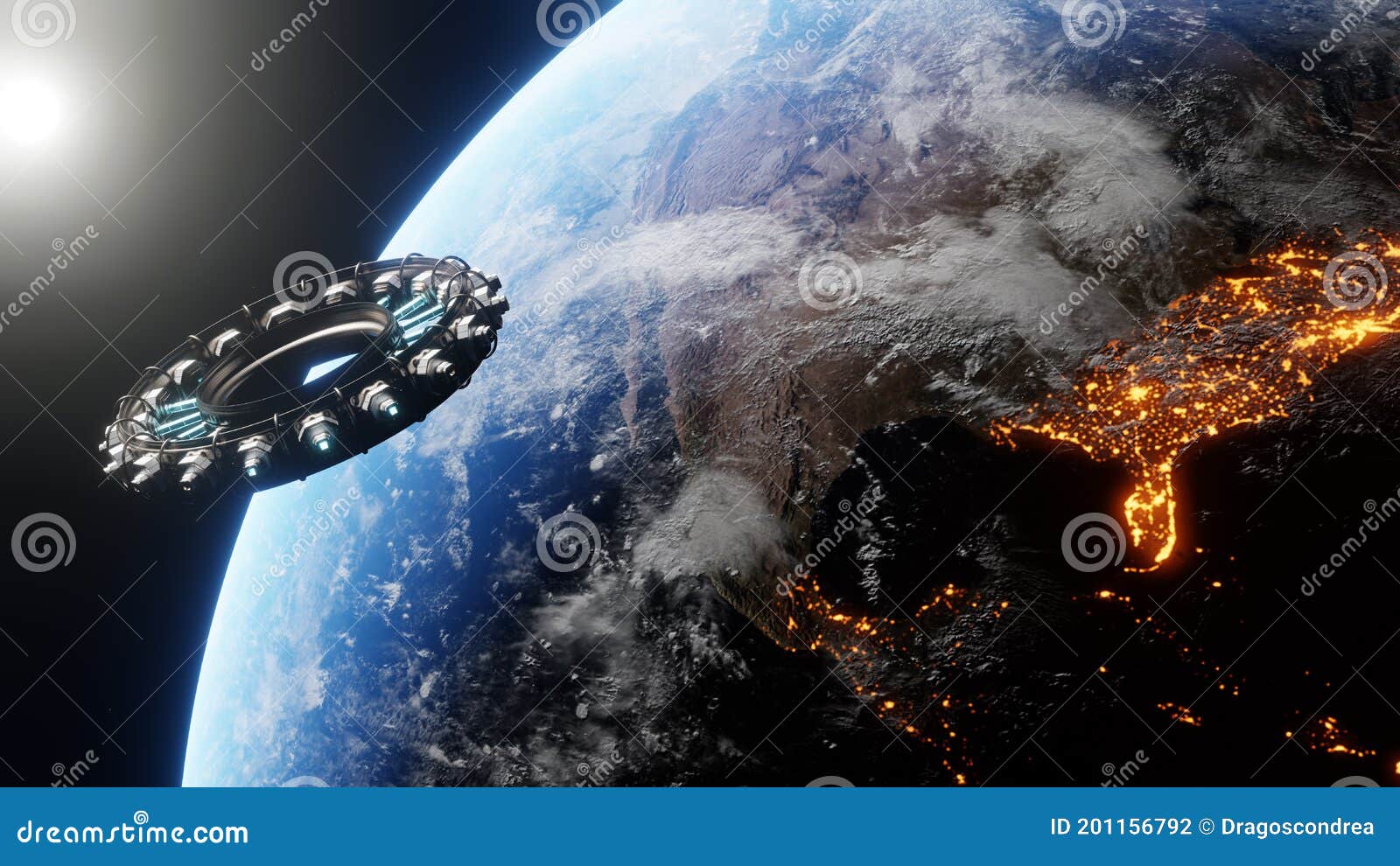 View of the Earth and a Spaceship Stock Illustration - Illustration of ...
