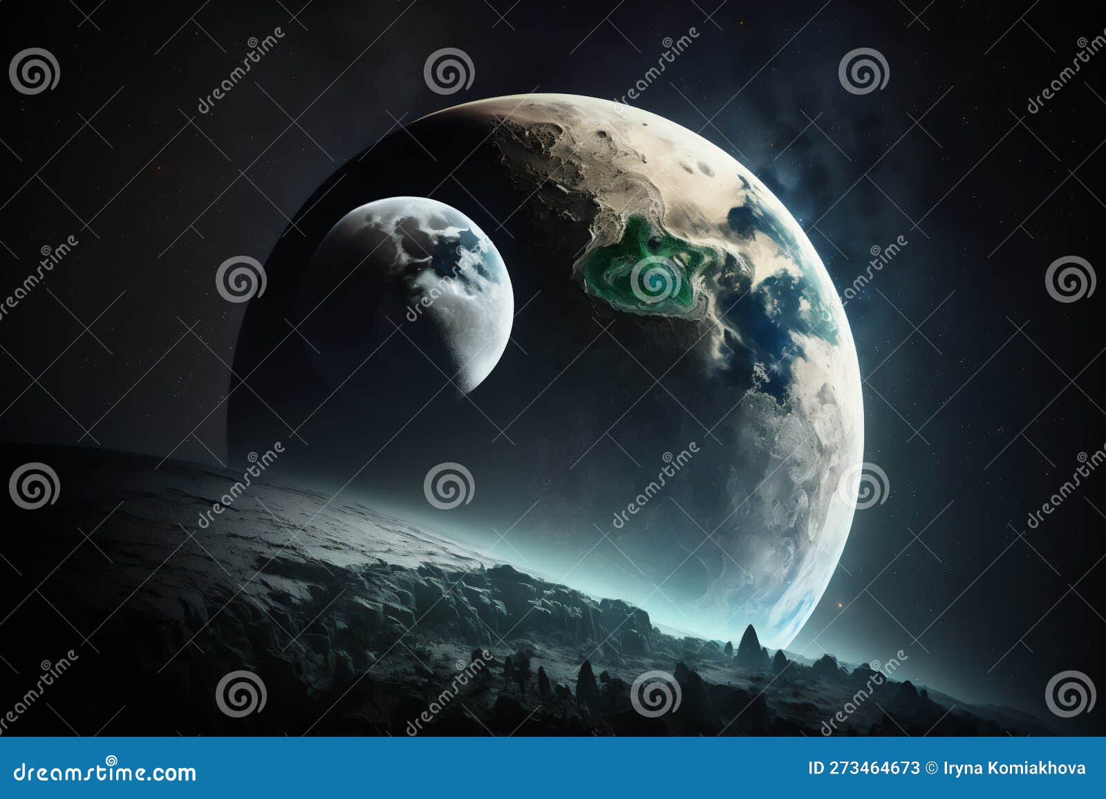 View from Earth To Moon and Approaching Planet, Ai Stock Illustration ...