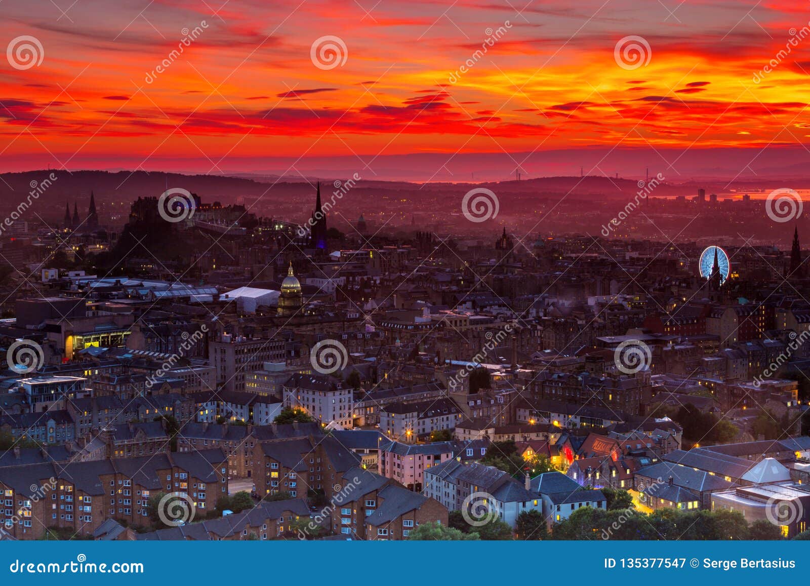 View of Edinburgh City with Beautiful Orange Sunset Sky Stock Image ...
