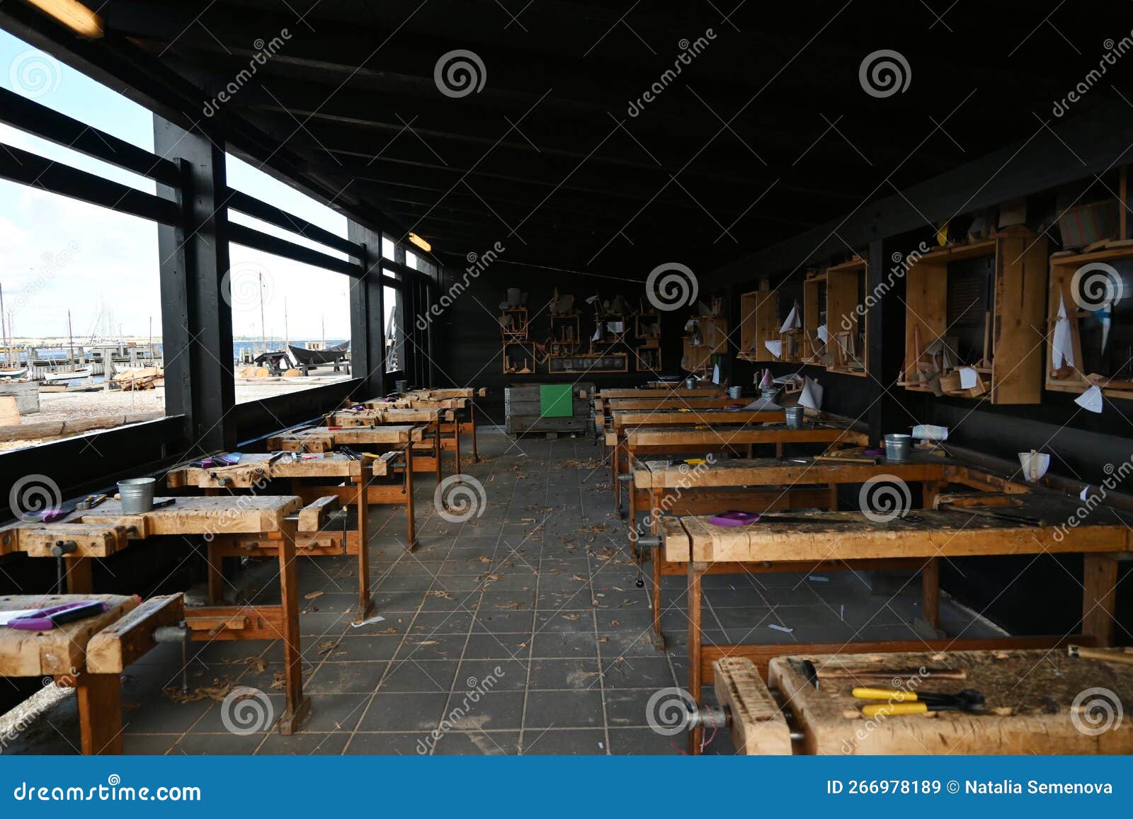 View of Empty Carpentry Workshop Classroom, Workbenches, Tools Stock ...