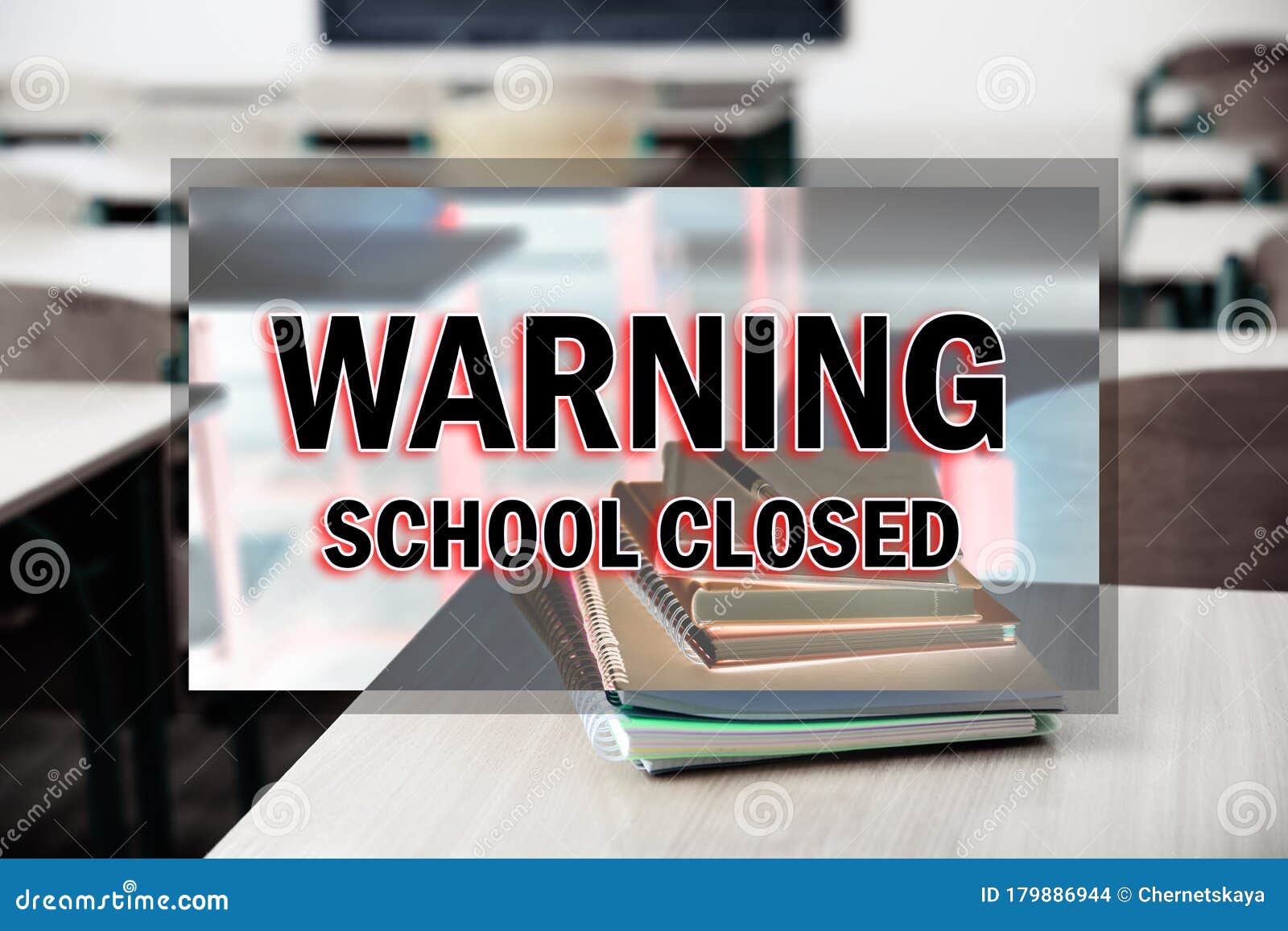 View of Empty Classroom and Text WARNING SCHOOL CLOSED. Quarantine ...