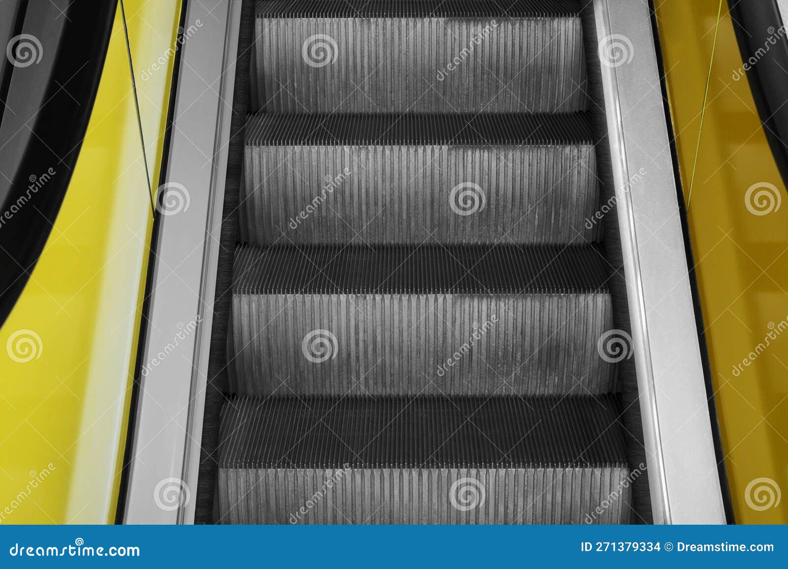 View on Empty Escalator with Yellow Balustrades, Closeup Stock Photo ...