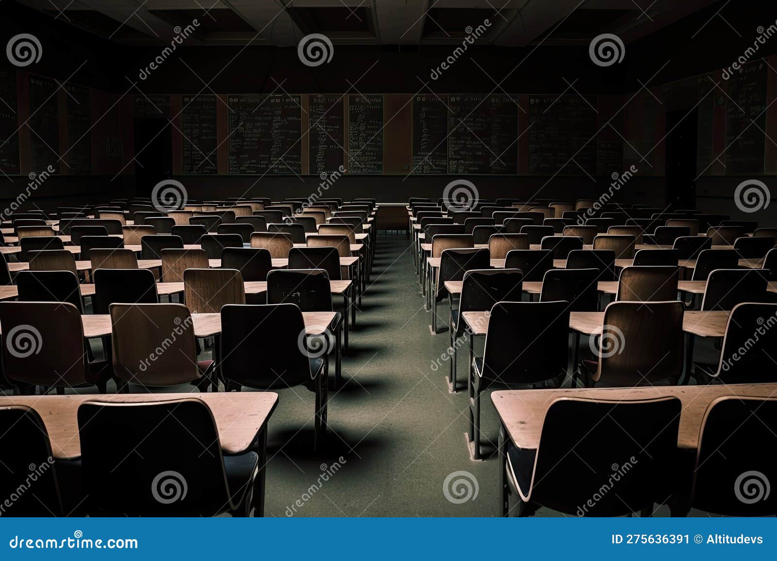 View of Empty Lecture Hall, with Rows of Wooden Chairs and a Blackboard ...