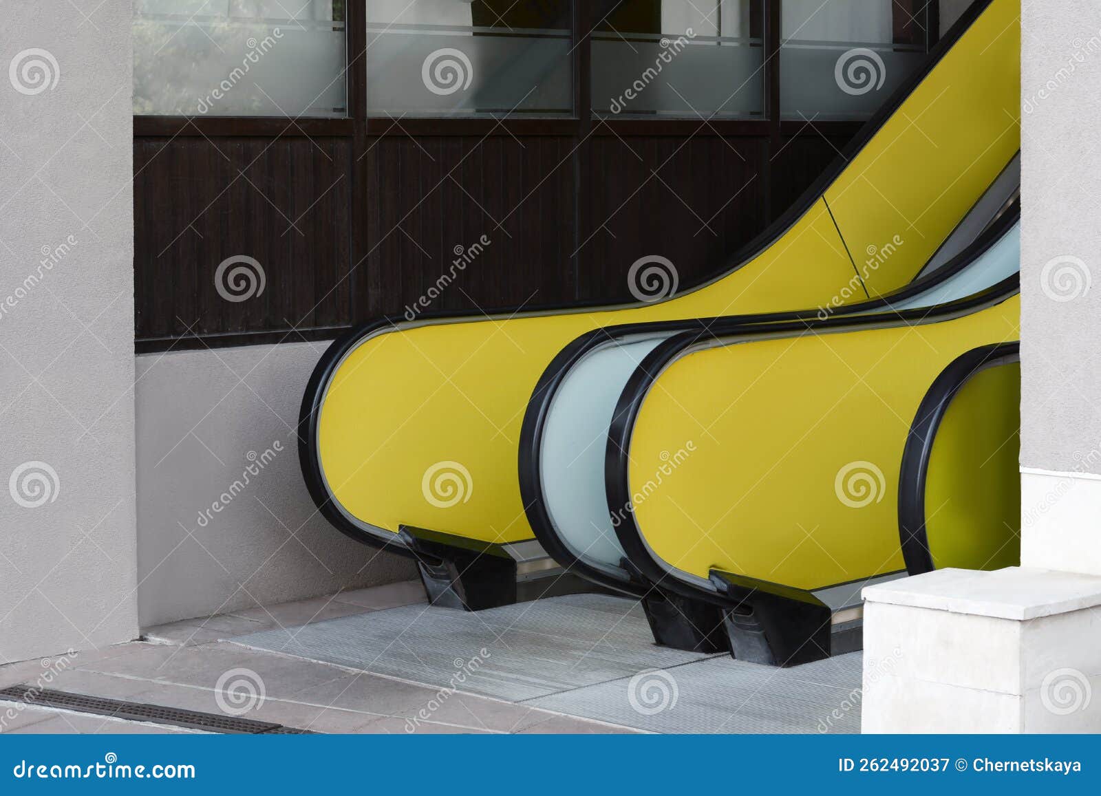 View on Empty Parallel Escalators with Yellow Balustrades, Space for ...