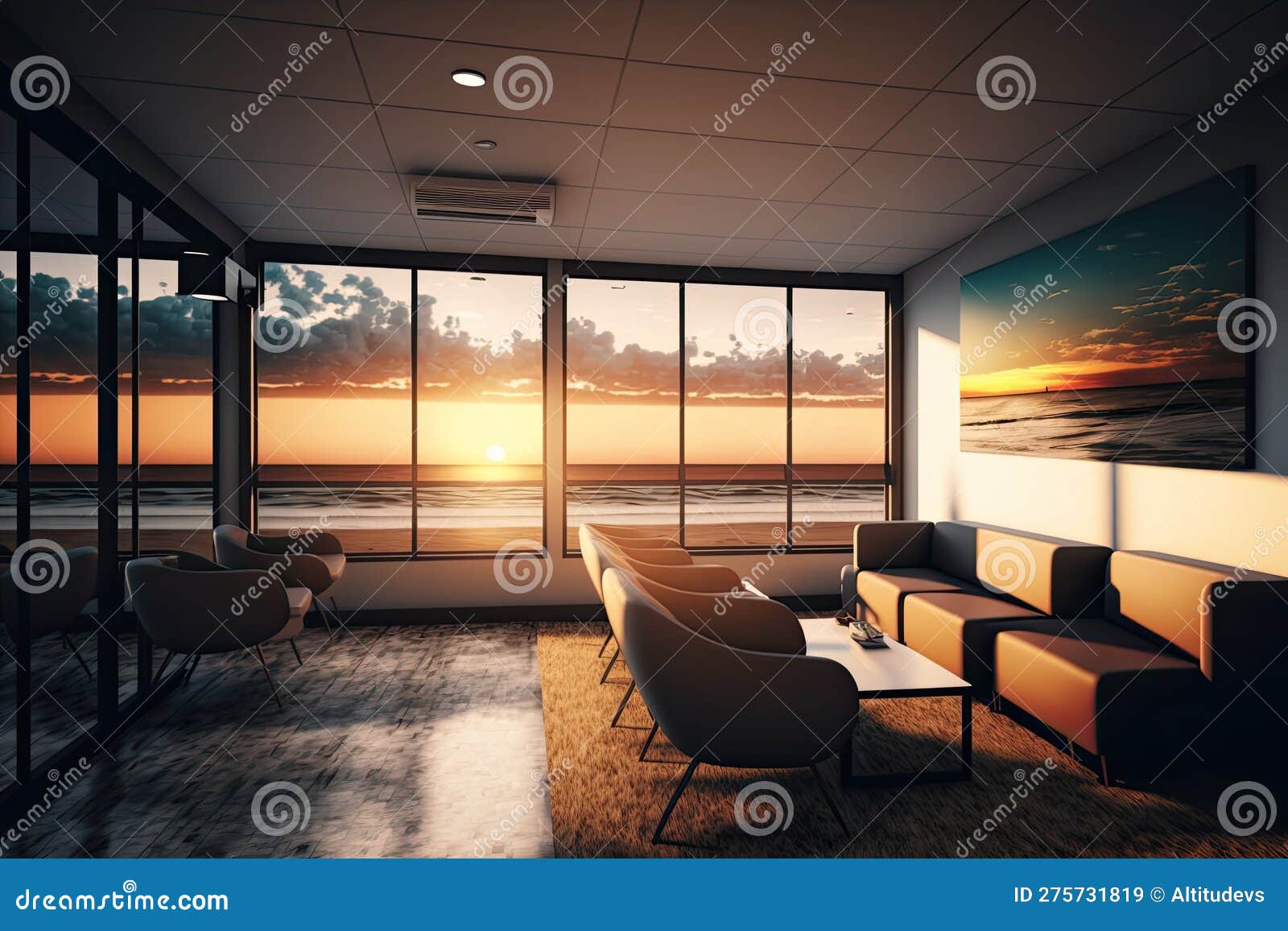A View of the Empty Reception Area, with a View of the Ocean and Sunset ...