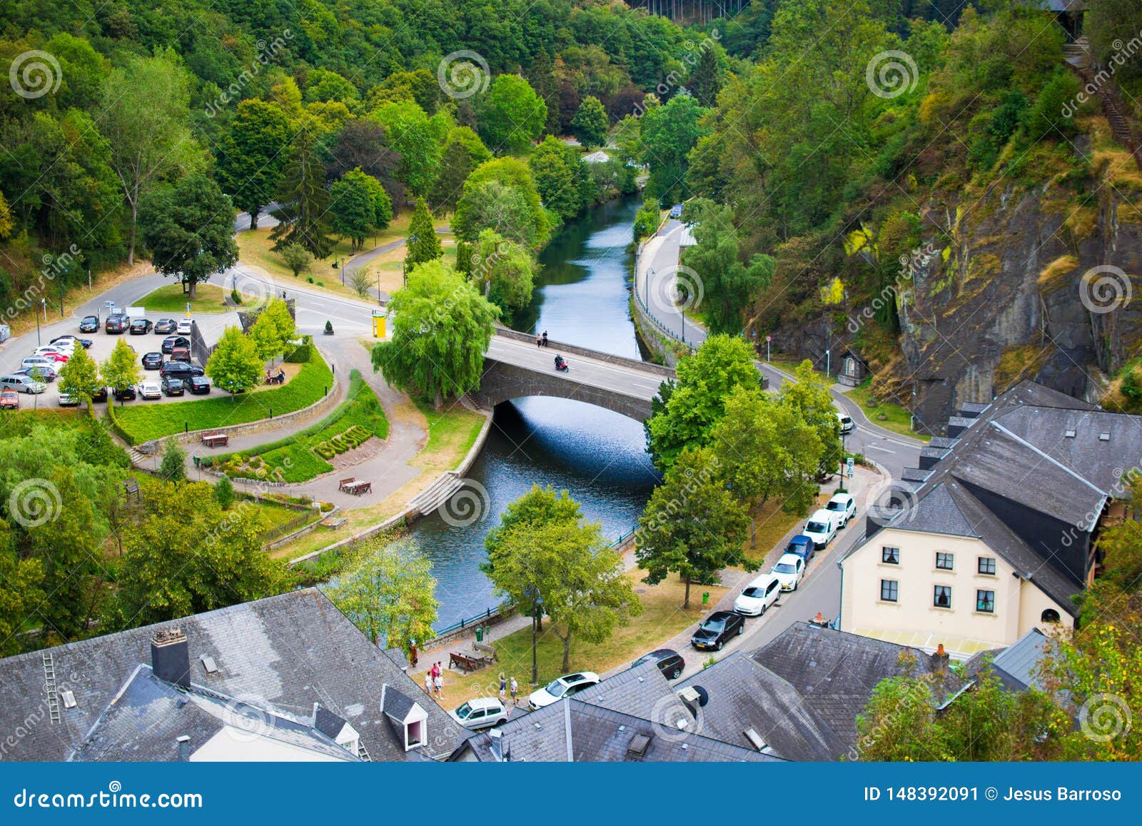 View of Esch-Sur-Sure and Sure River and Bridge from the Castle, in ...