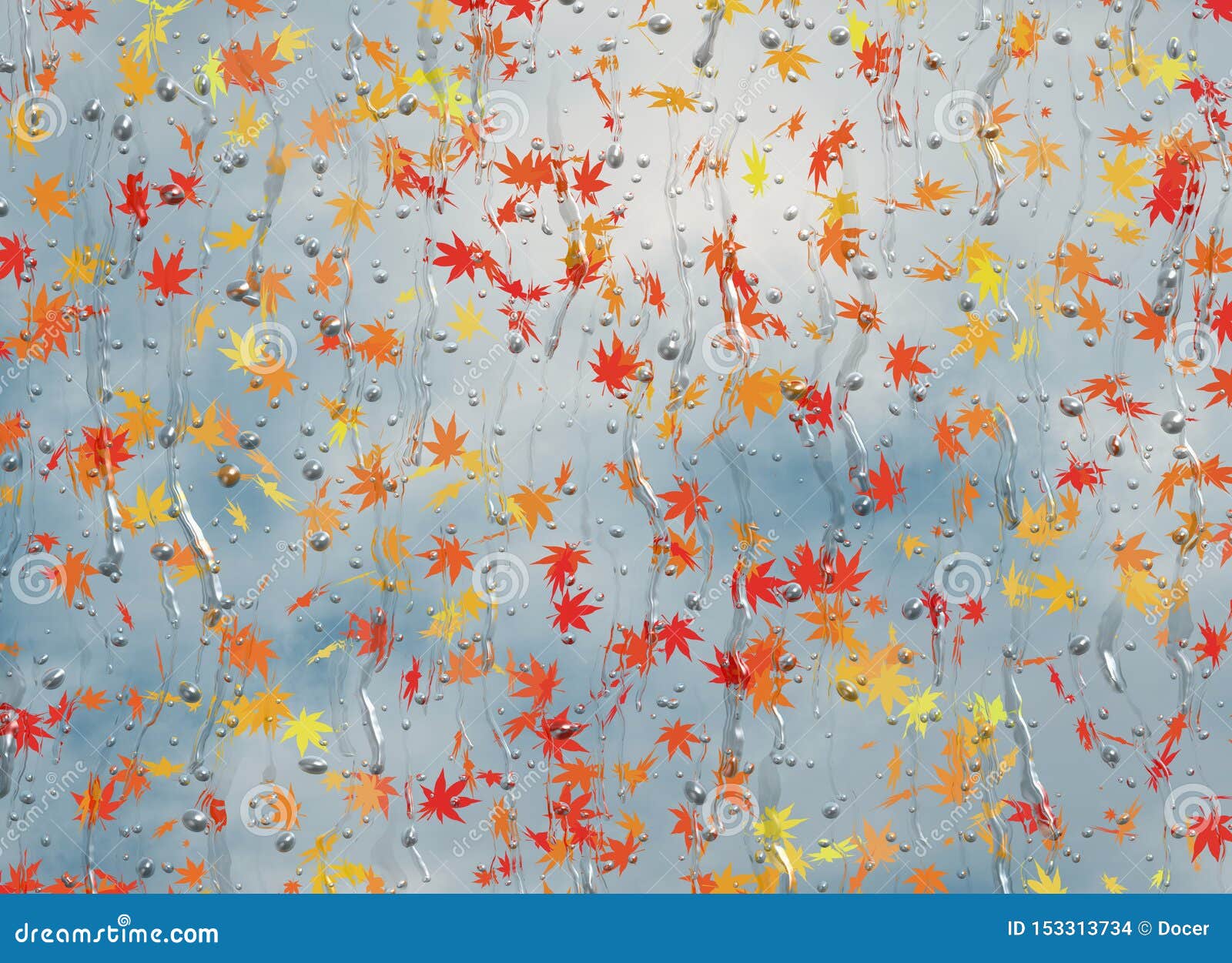 View of Falling Leaves through Wet Window with Water Drops Stock Photo ...