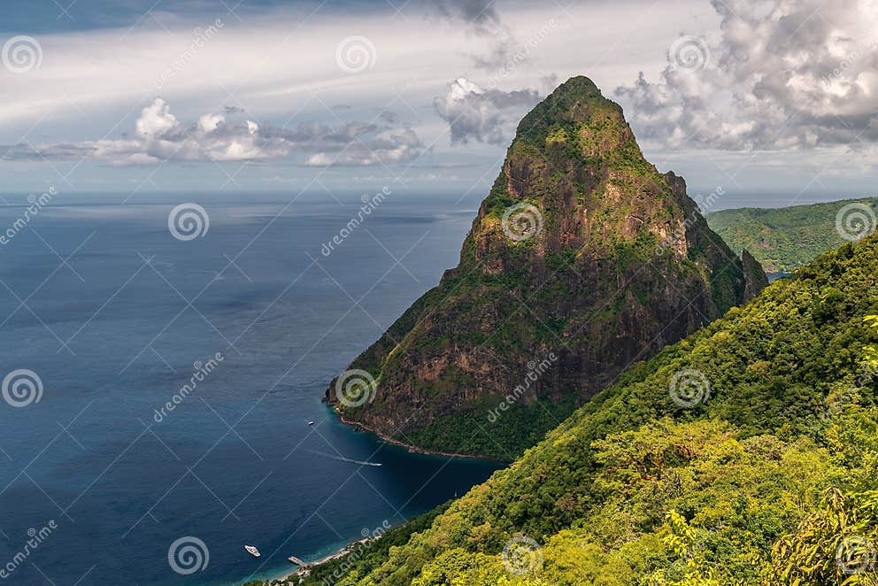 View of the Famous Piton Mountains Stock Photo - Image of palm ...