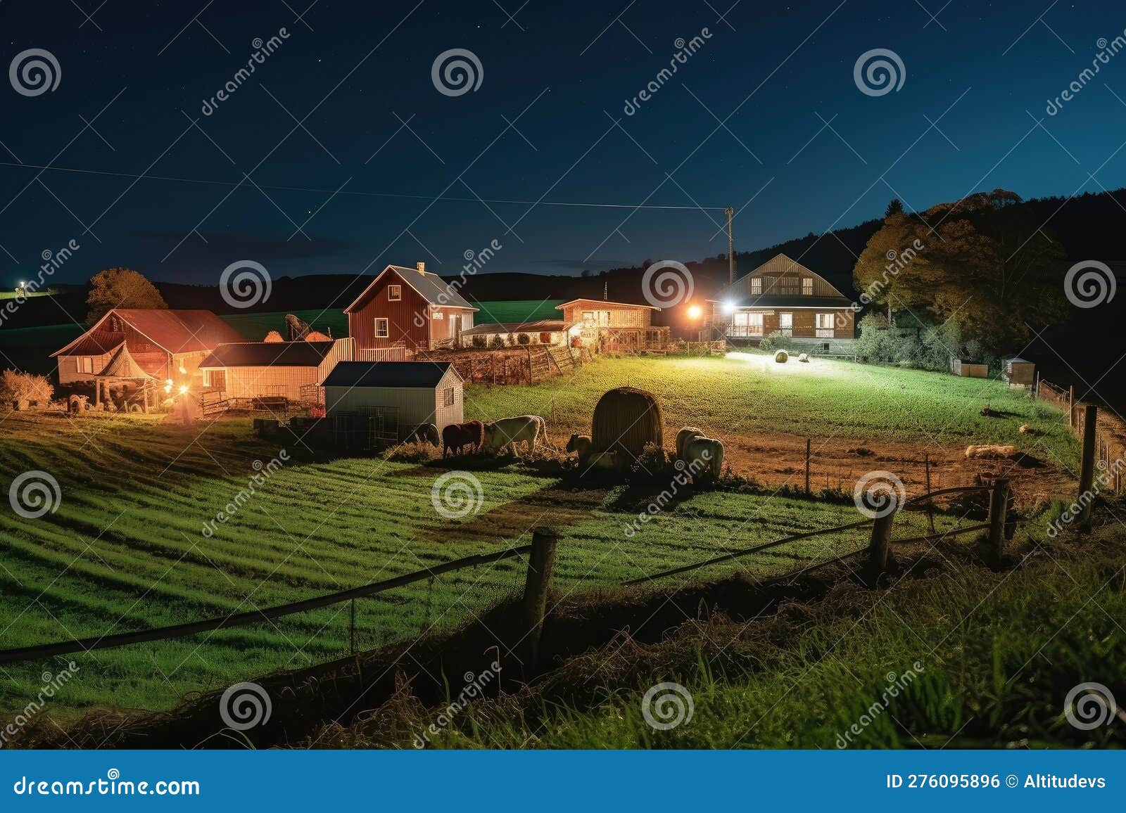 A View of a Farm at Night, with the Harvest Moon Shining Above Stock ...