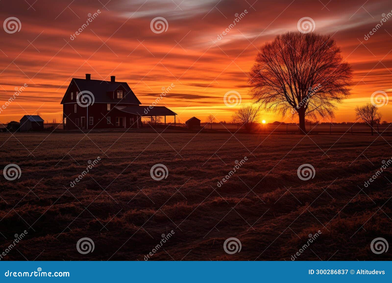View of Farmhouse at Sunset, Highlighting the Silhouette Stock Image ...